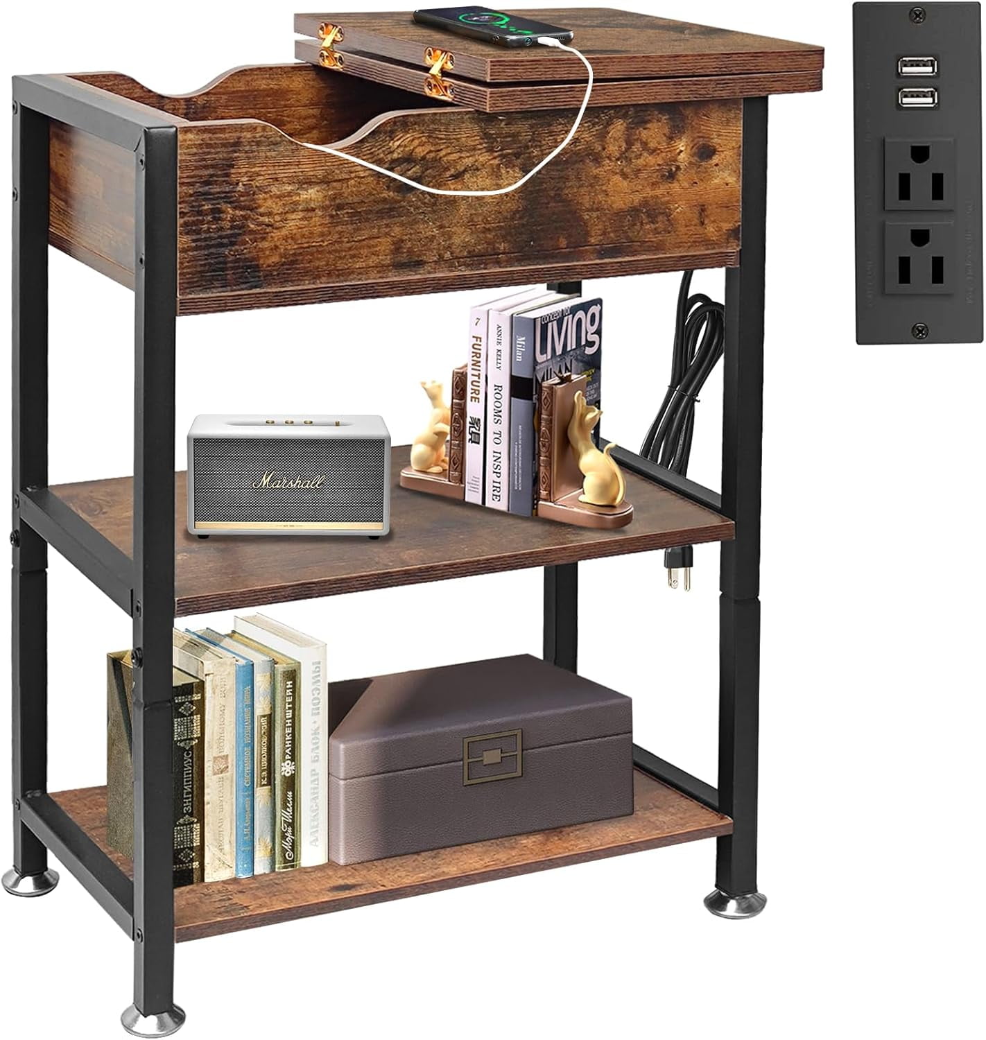 Flip Top End Table with Hidden Charging Station - 12"D×21"W×26"H Space ...
