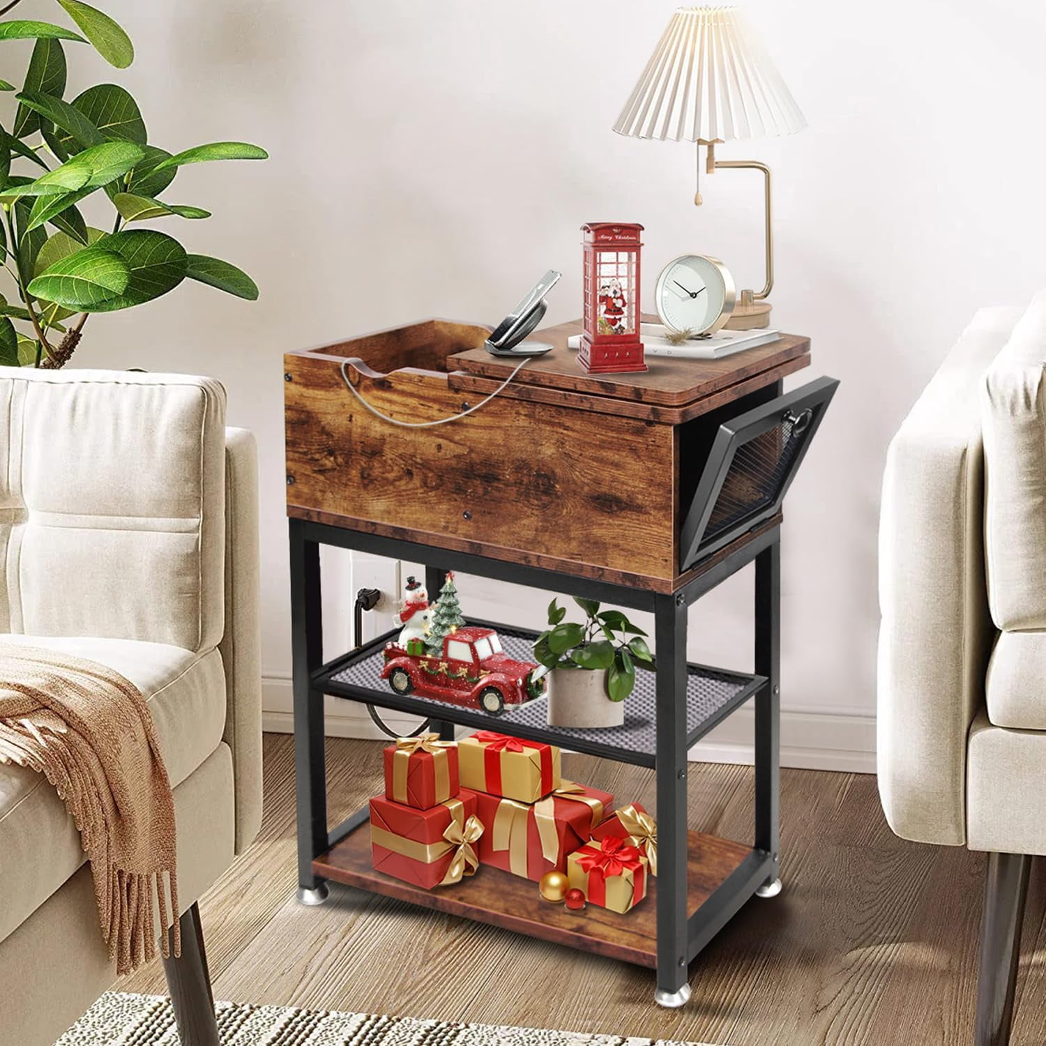 Flip Top End Table with Charging Station, Rustic Brown Side Table, 28 ...