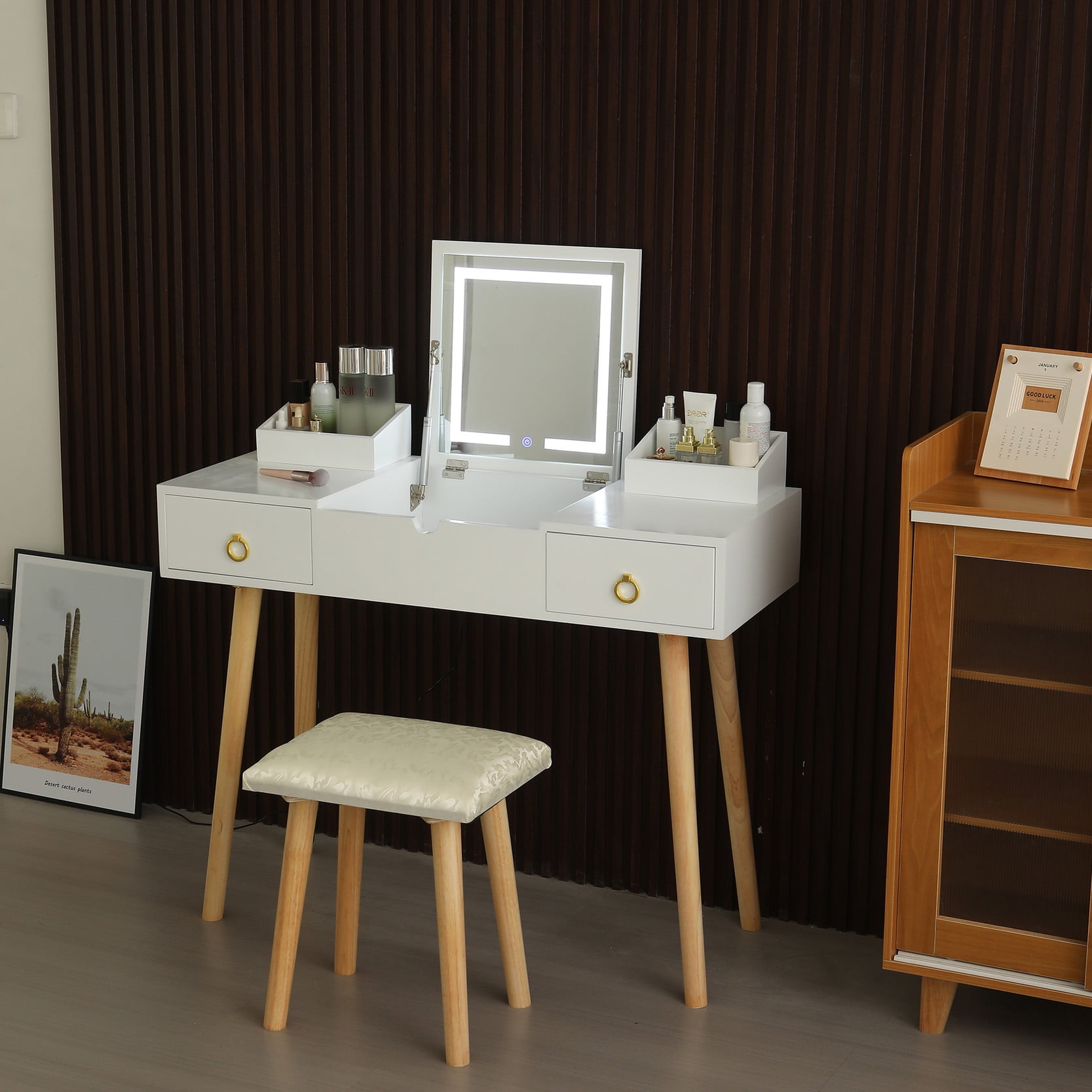 Flip Top Vanity Table with Power Outlet / Adjust Lighting for Different ...