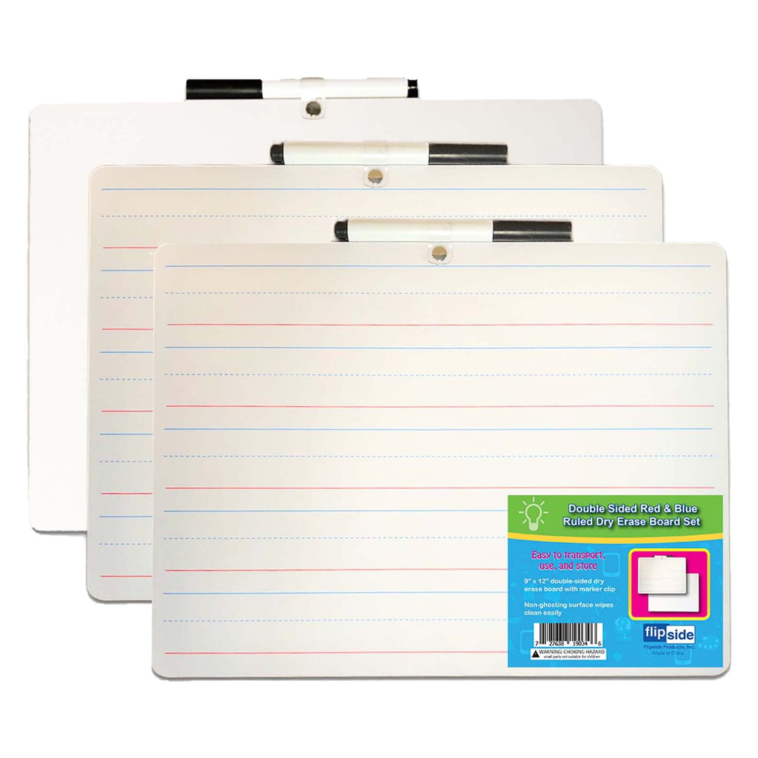 Flipside Products Two-Sided Primary Ruled/Blank Dry Erase Board with Attached Marker, 9" x 12 ...