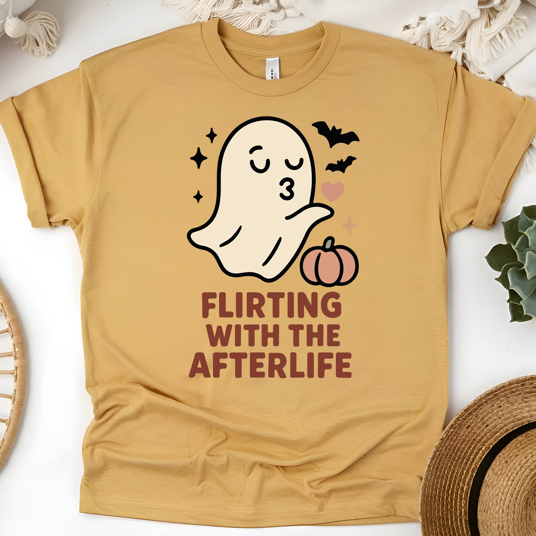 Flirting With The Afterlife Graphic Tee Funny Ghost Cartoon Shirt, Gold ...