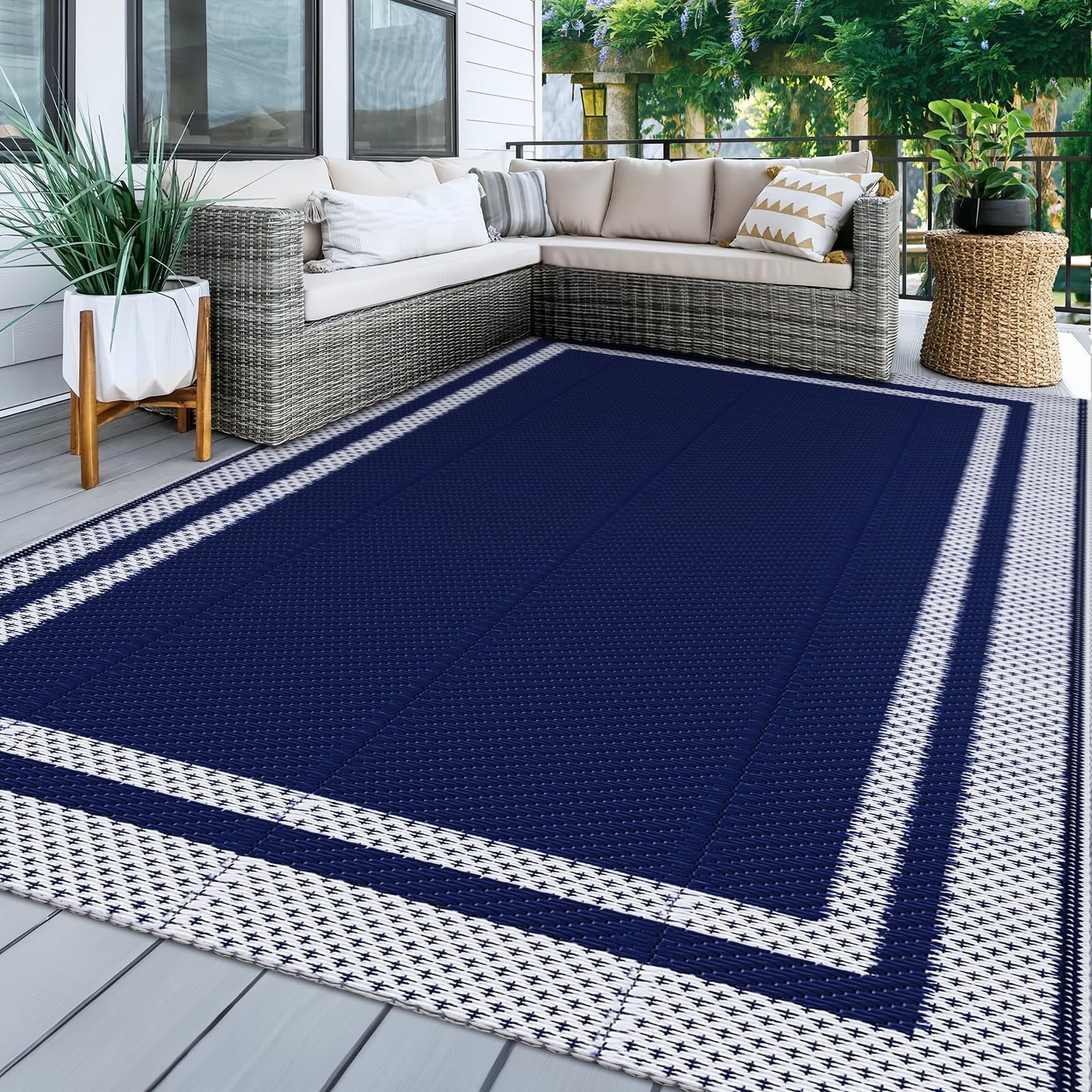 Flngr 5x8ft Outdoor Rug, Waterproof Reversible Patio Mat, Blue and ...