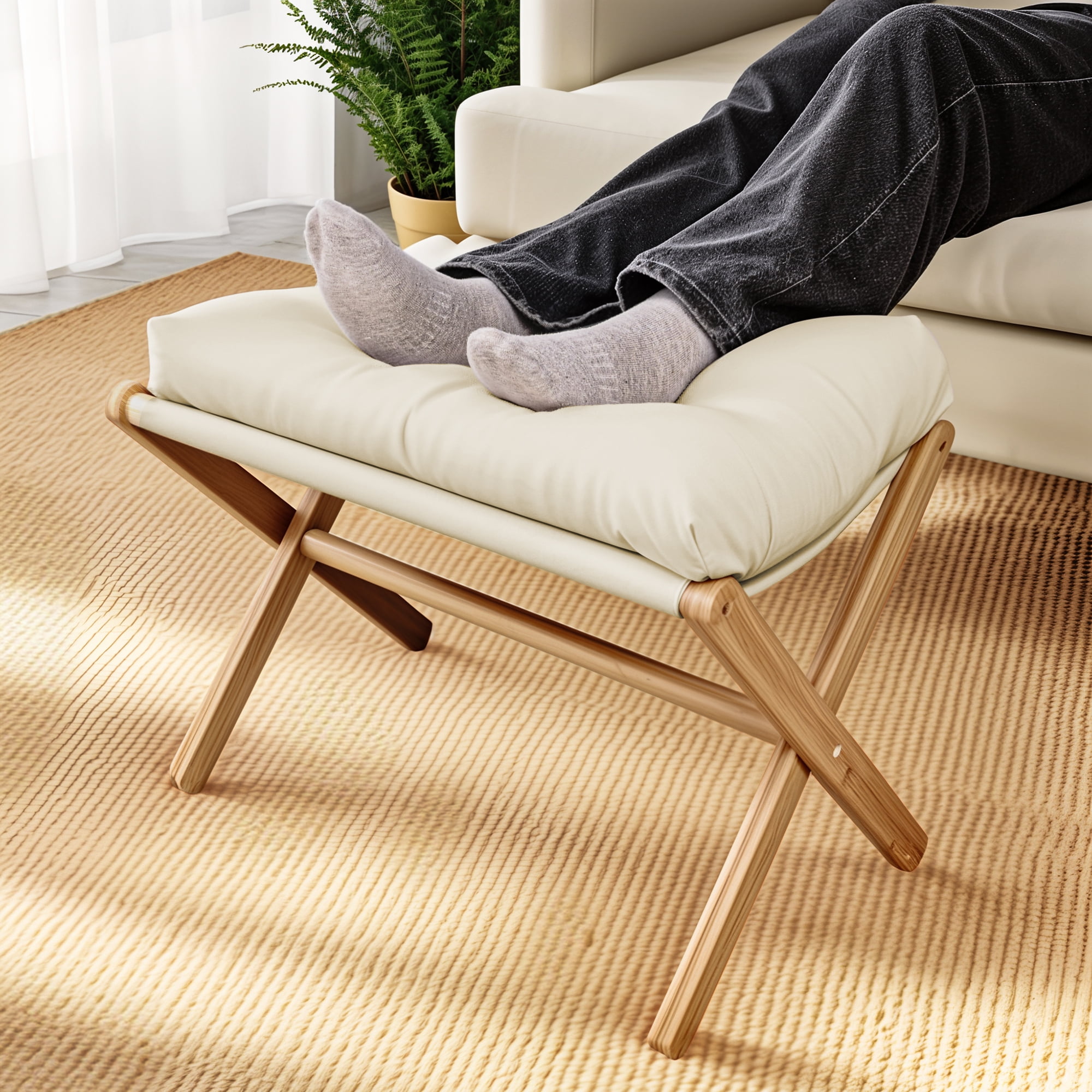 Flngr Folding Upholstered Footrest Stool, Small Accent Ottoman with ...