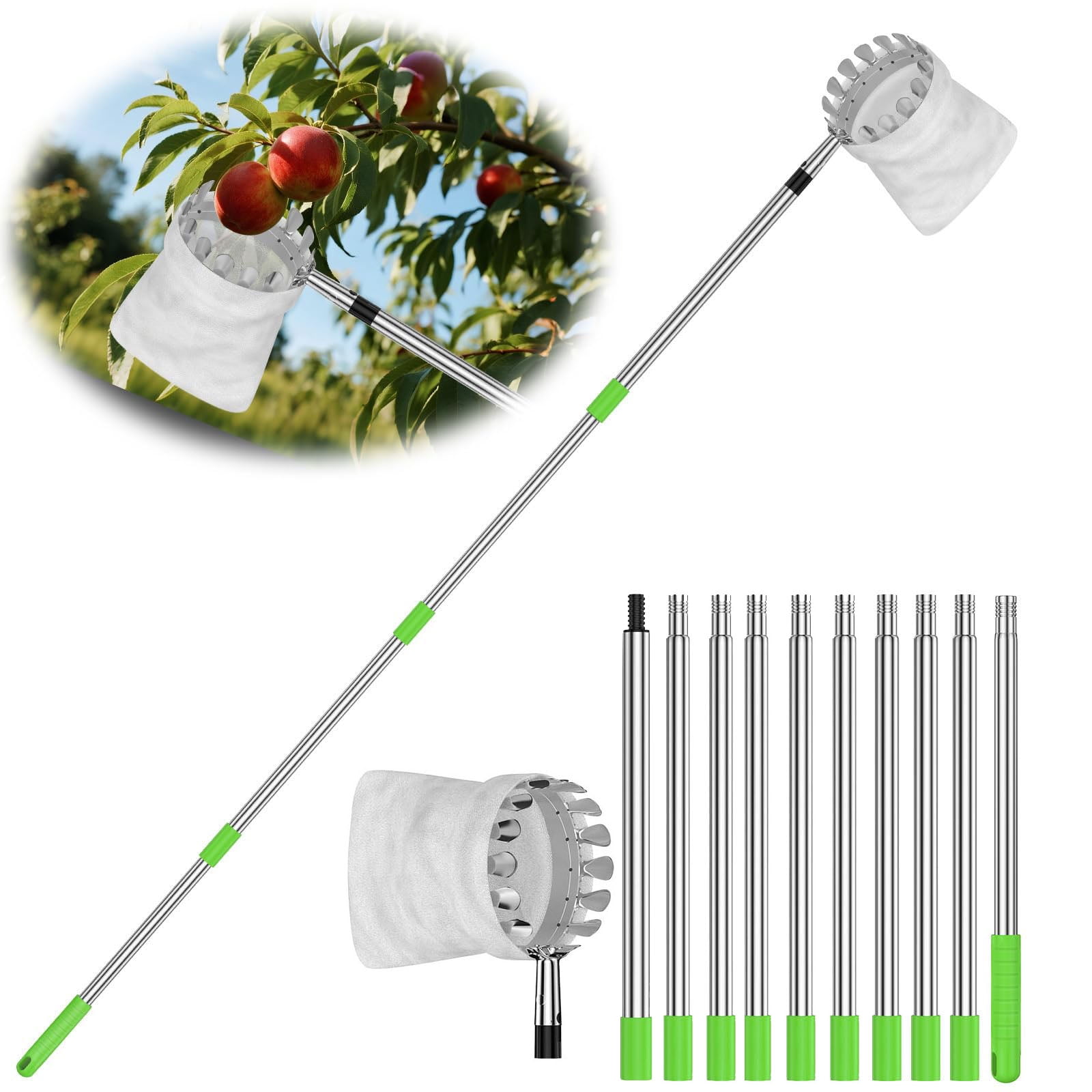 Flngr Fruit Picker Pole with Basket Telescoping,13 FT Adjustable Fruits ...