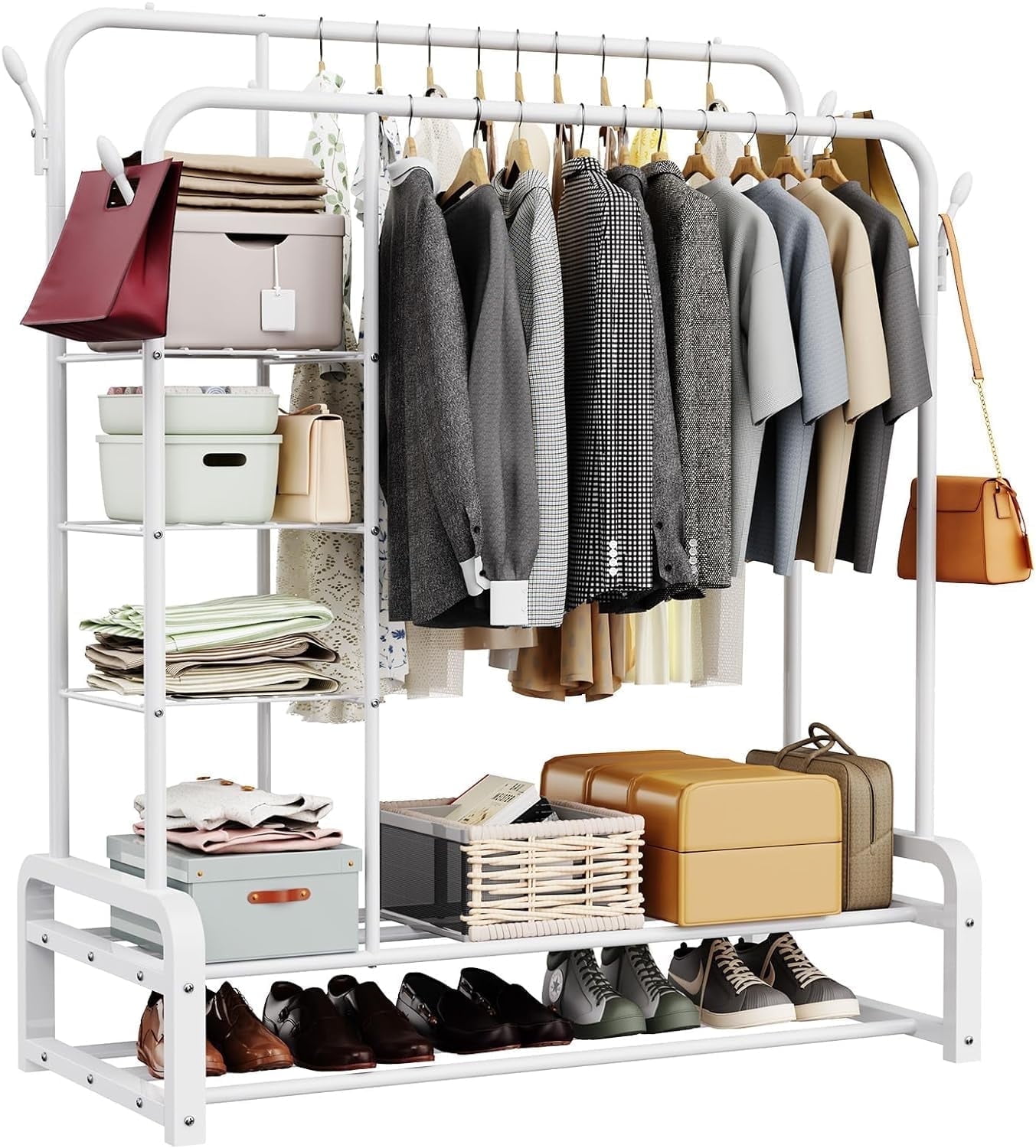 Flngr Heavy Duty Clothes Rack,Clothing Racks with 4 Hooks and Storage ...