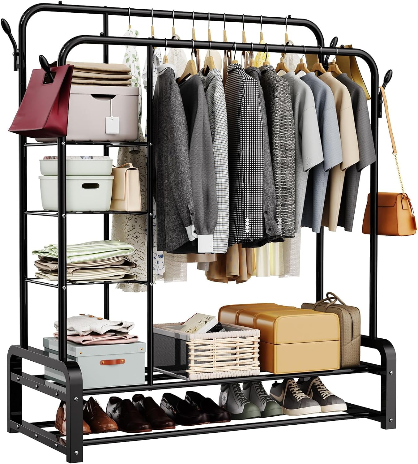 Flngr Heavy Duty Clothes Rack,Clothing Racks with 4 Hooks and Storage ...
