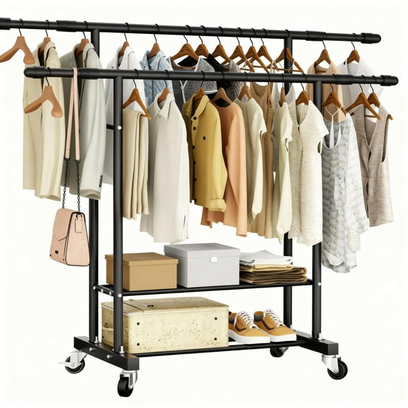Double Rods Clothes Rack Rolling Clothing Rack for Hanging Clothes ...