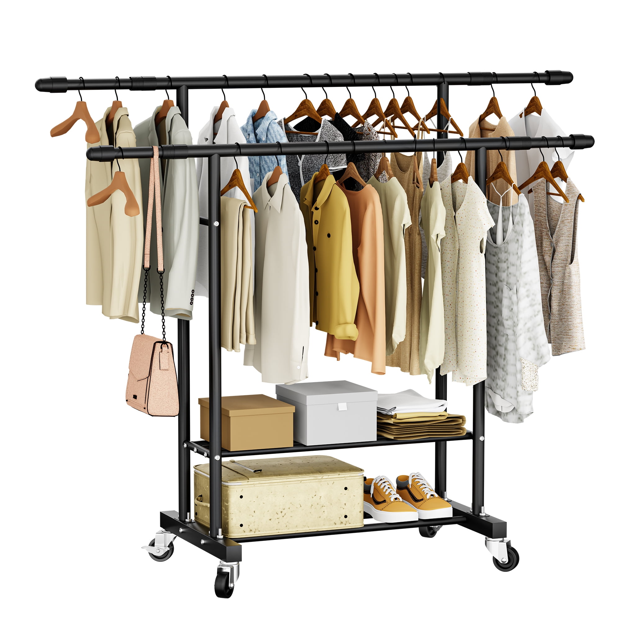 Flngr Heavy Duty Clothes Rack with Wheels,Clothing Racks with 4 Hooks ...