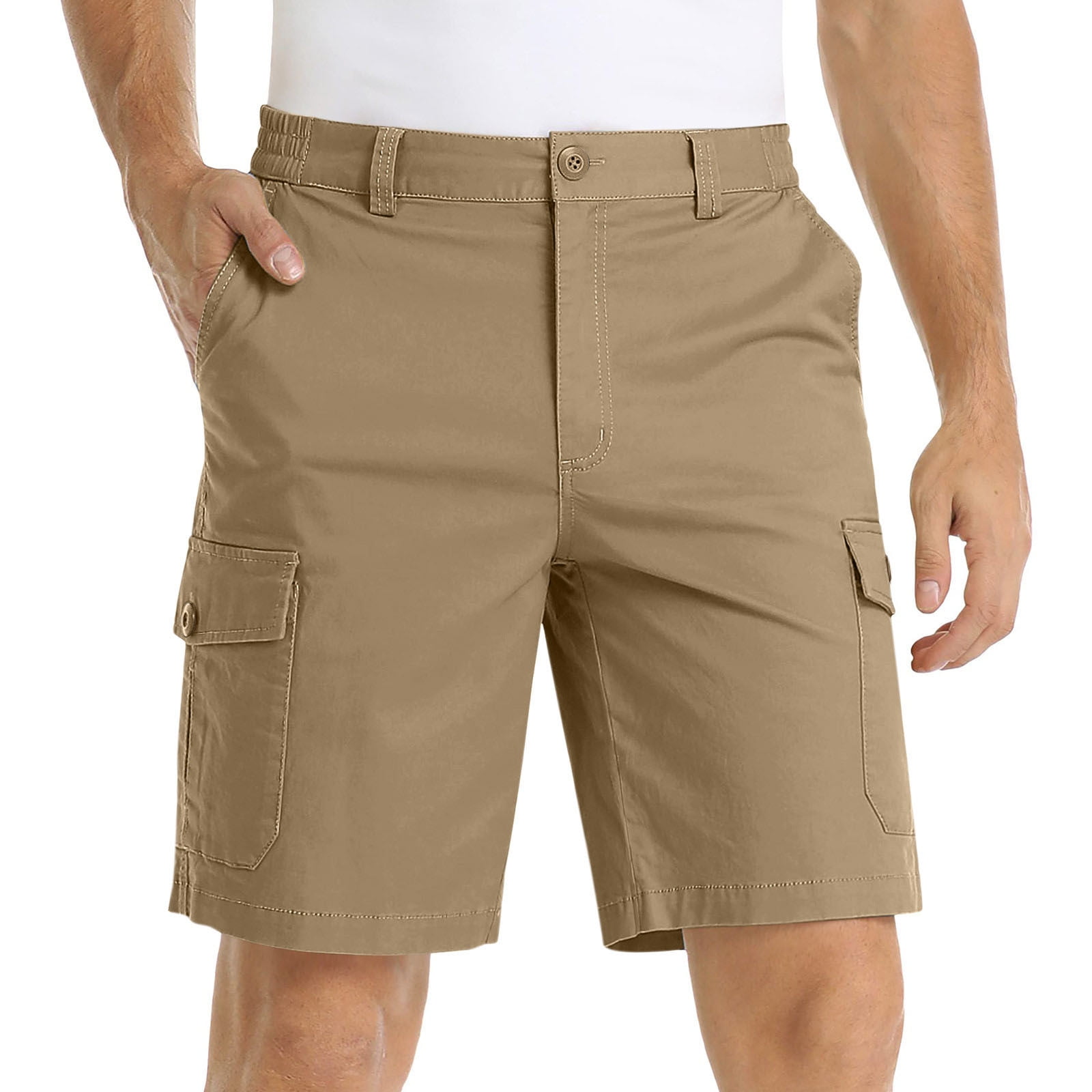 FloHua Mens Cargo Shorts Khaki Mens Shorts Plain with Pockets Elastic ...
