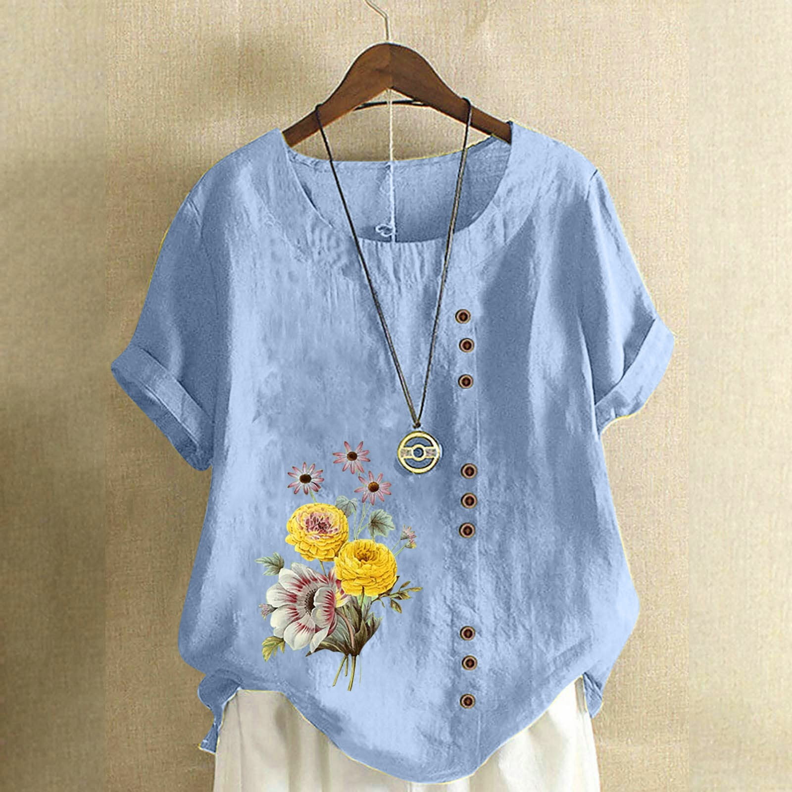 FloHua Womens Blouses Short Sleeve Round Neck Light Blue Blouses for ...