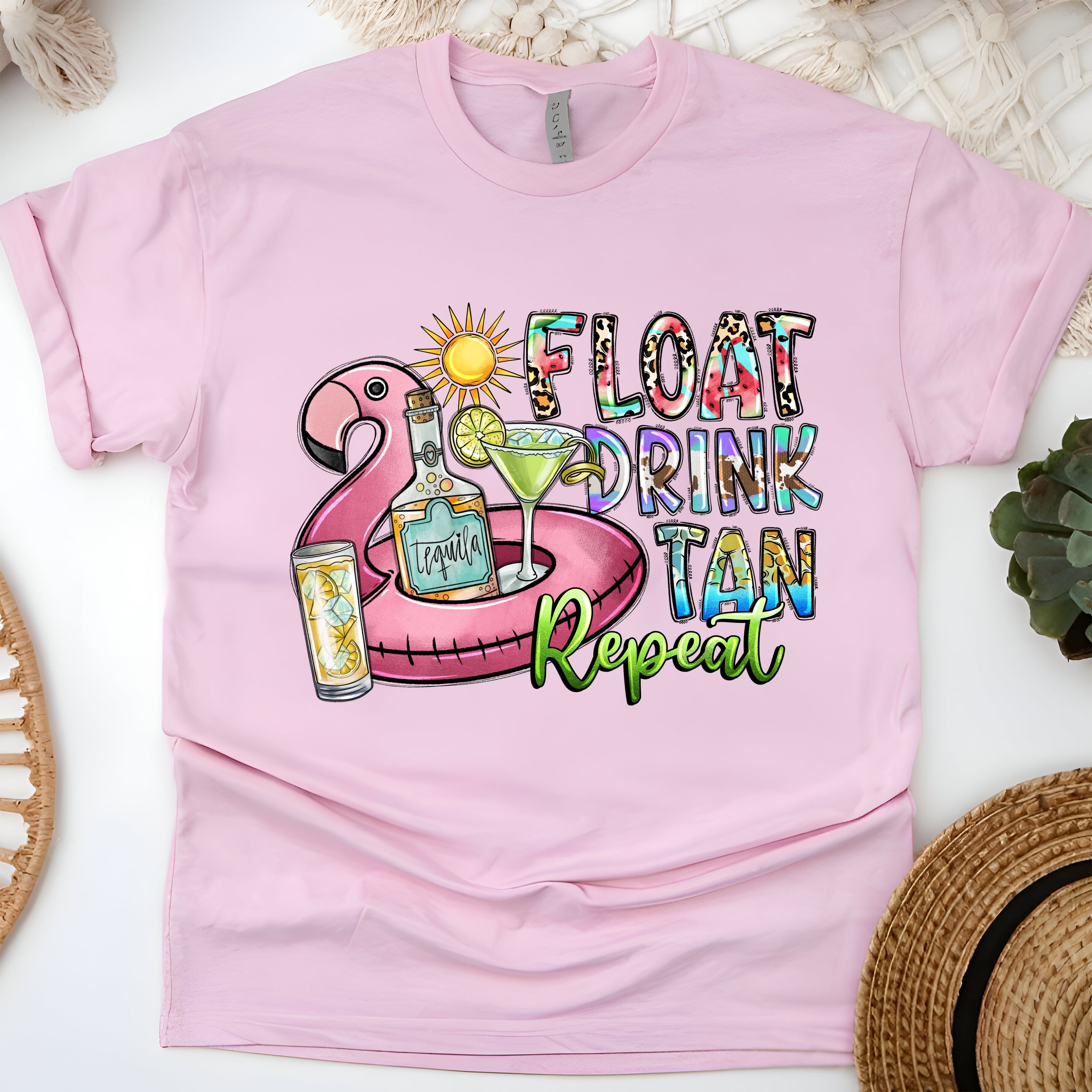 Float Drink Tan Repeat T-Shirt – Summer Flamingo & Tequila Beach Tee ...