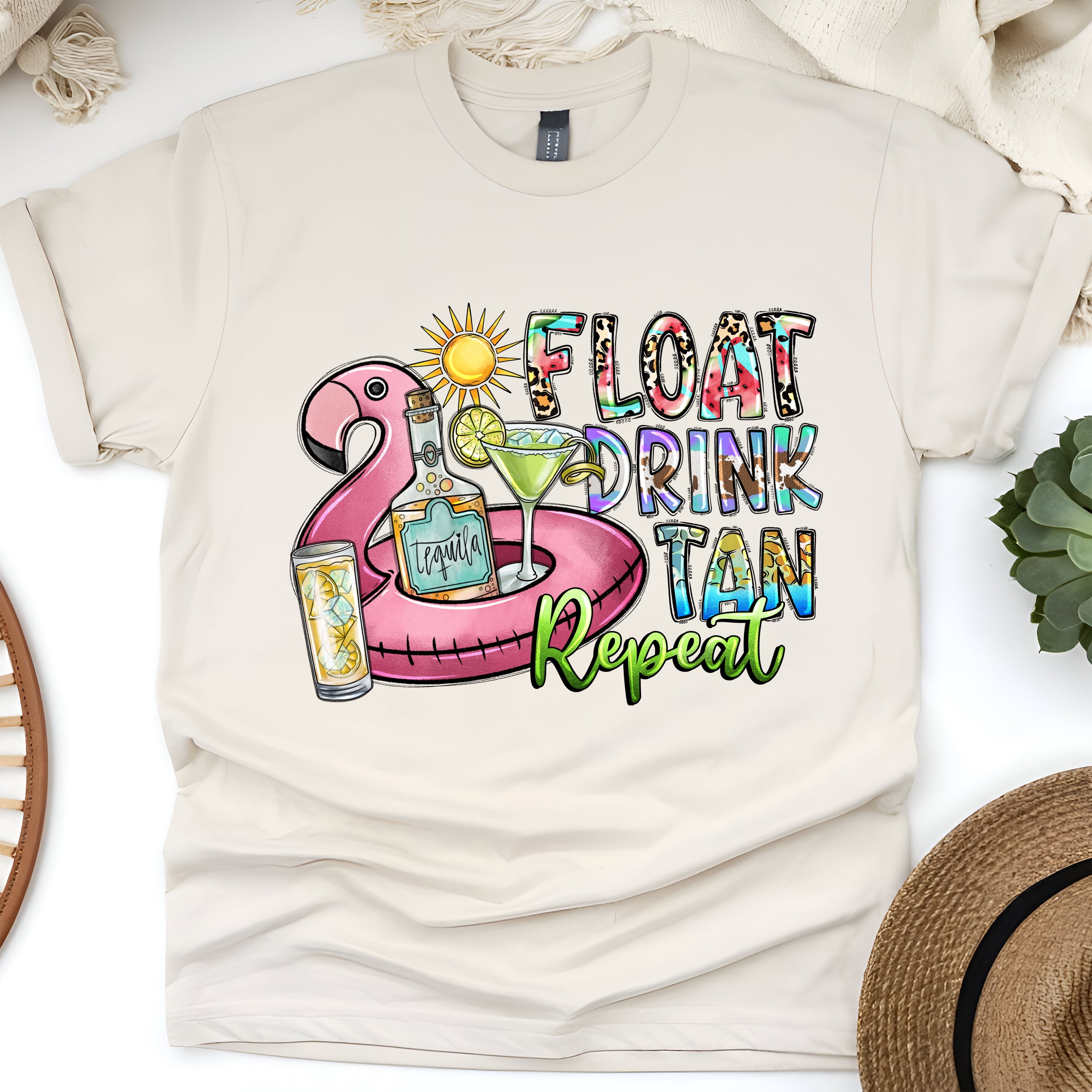 Float Drink Tan Repeat T-Shirt – Summer Flamingo & Tequila Beach Tee ...