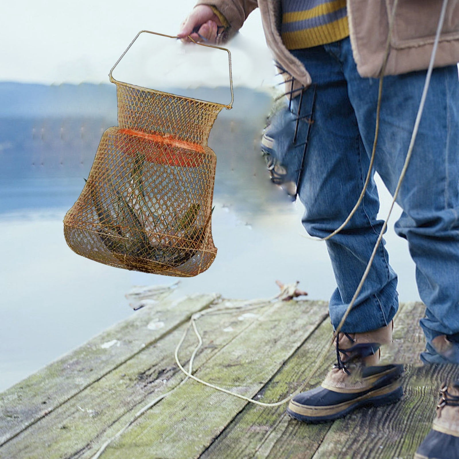 Floatable Fishing Basket - Collapsible Steel Wire Fish Keeper with ...