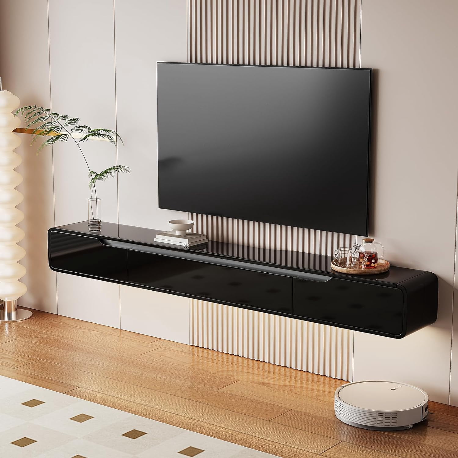 FloatiCasa 55" High Gloss Floating TV Stand, White Wall-Mounted TV ...