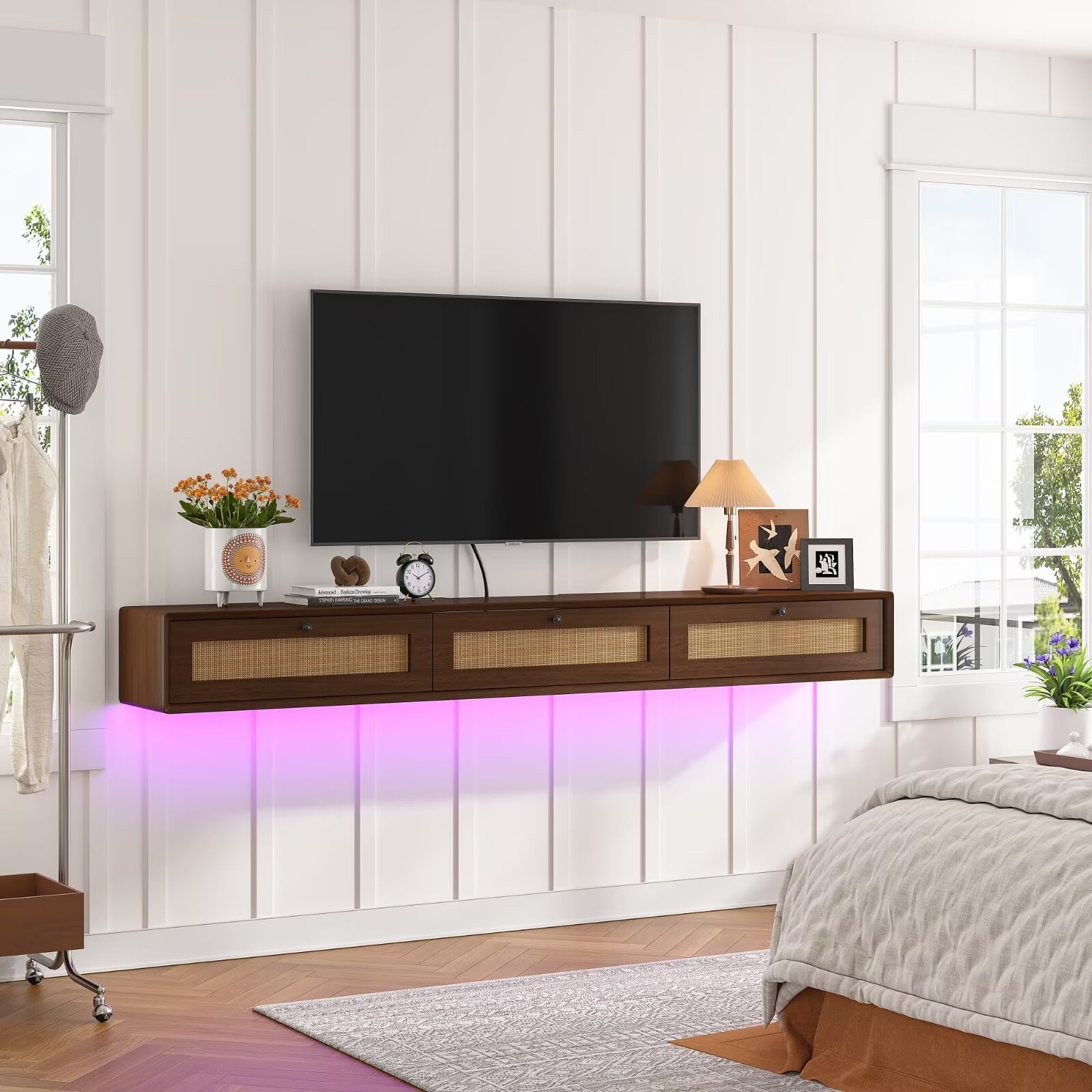 FloatiCasa 70-inch Walnut-Color Floating TV Stand, Hand-made rattan ...