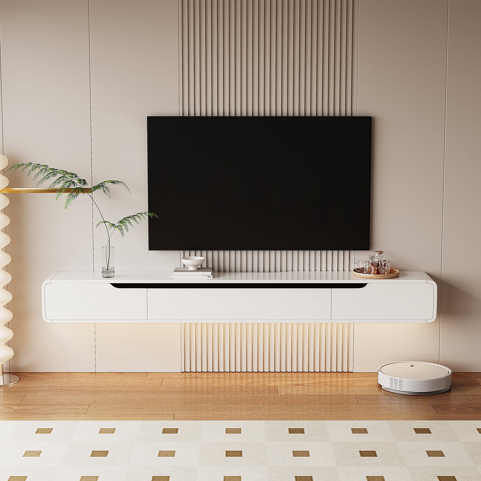 FloatiCasa 86-Inch Floating TV Stand, High Gloss Wall-Mounted ...