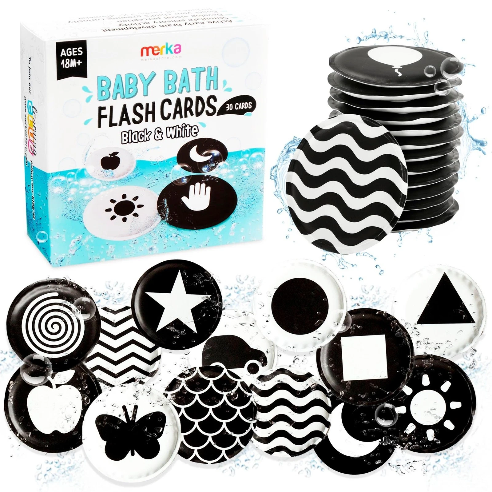 Floating Bath Flashcards for Babies - High Contrast B&W Cards (Set of ...