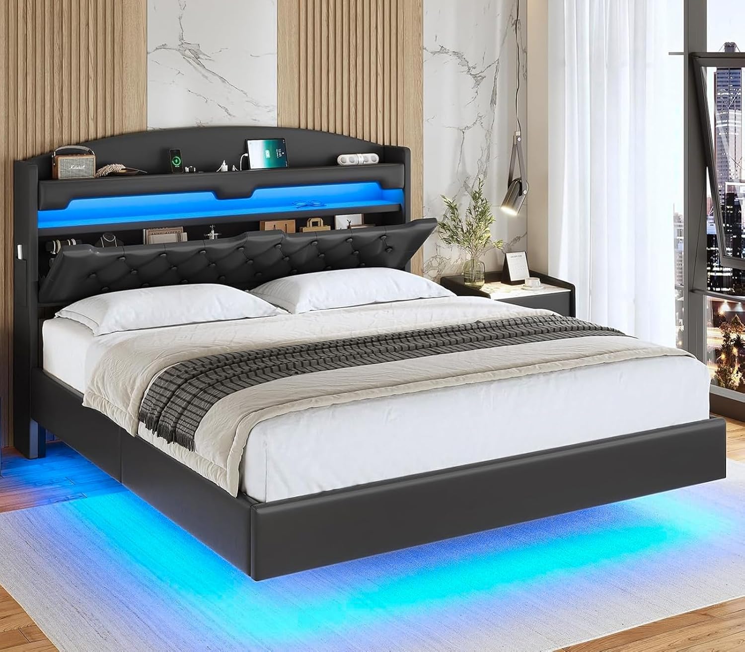 Floating Bed Frame Full with Hidden Storage Headboard, Floating LED Bed ...