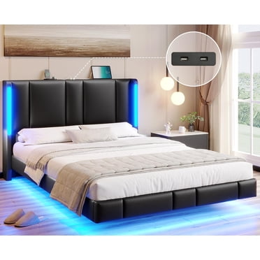 Homfa Queen Size Floating Bed with LED Lights, Under-Bed Storage ...