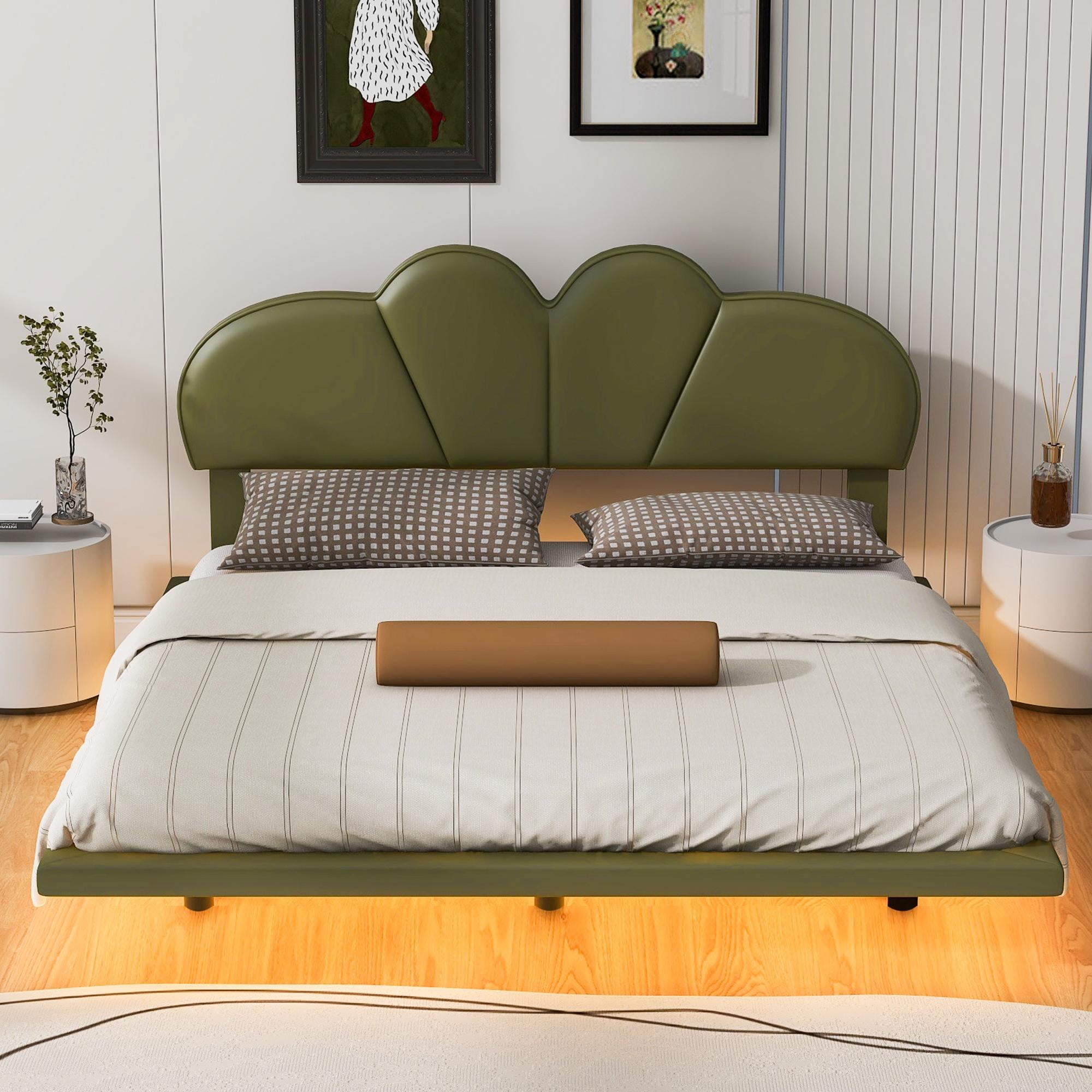 Floating Bed Frame, Full Size Platform Bed Frame with LED Ambient Light, Modern PU Leather ...