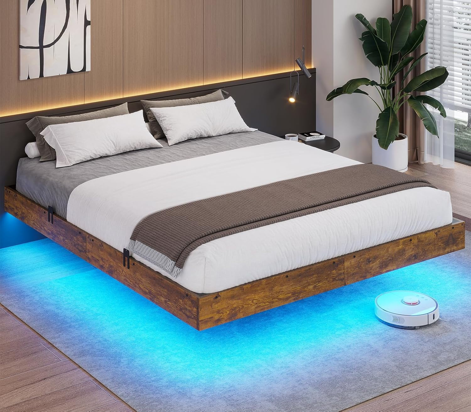 Floating Bed Frame Full Size with RGB LED Lights, Metal Floating ...