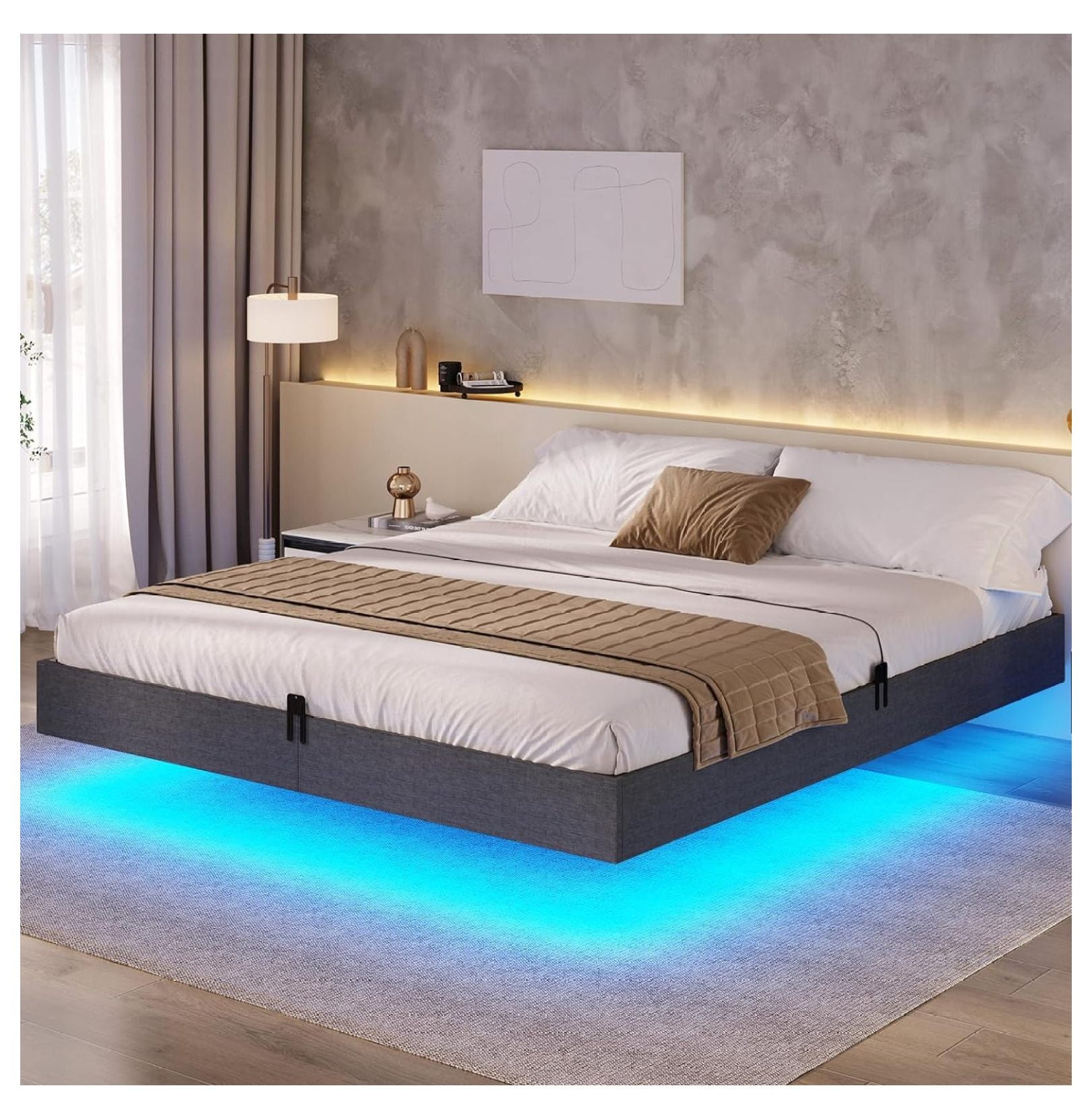 Floating Bed Frame Full Size with LED Lights, Modern Metal Full ...