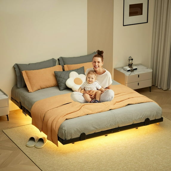 Floating Bed Frame Full Size with Lights and Station - Modern Bed Frame ...