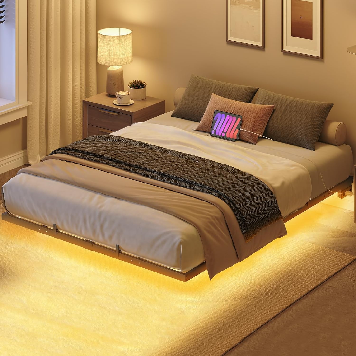 Floating Bed Frame King Size, Bed Frame with Charging Station and LED ...