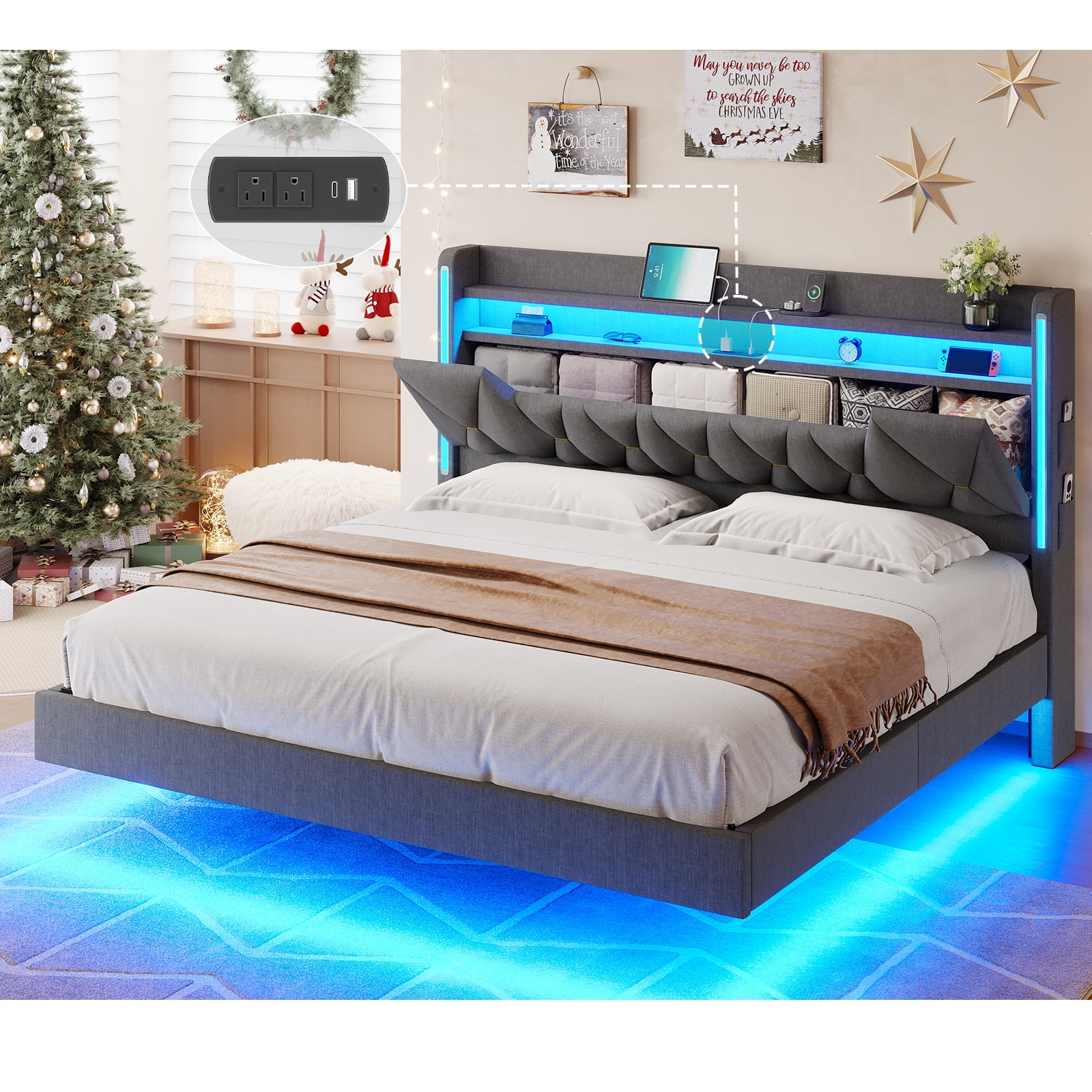 Floating Bed Frame King Size with Hidden Storage Space and Headboard ...