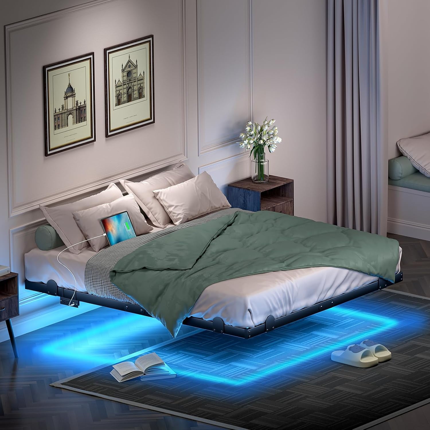 Floating Bed Frame King Size with Smart LED Lights and Charging Station - 14 Inch Modern ...