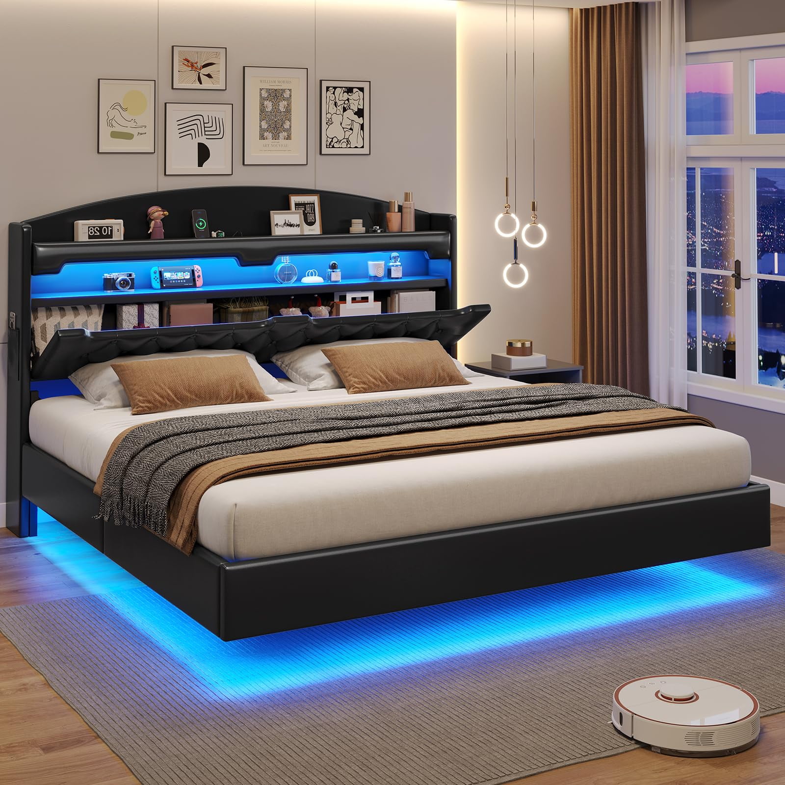 Kicode King Size LED Floating Bed Frame, PU Black, with Storage ...