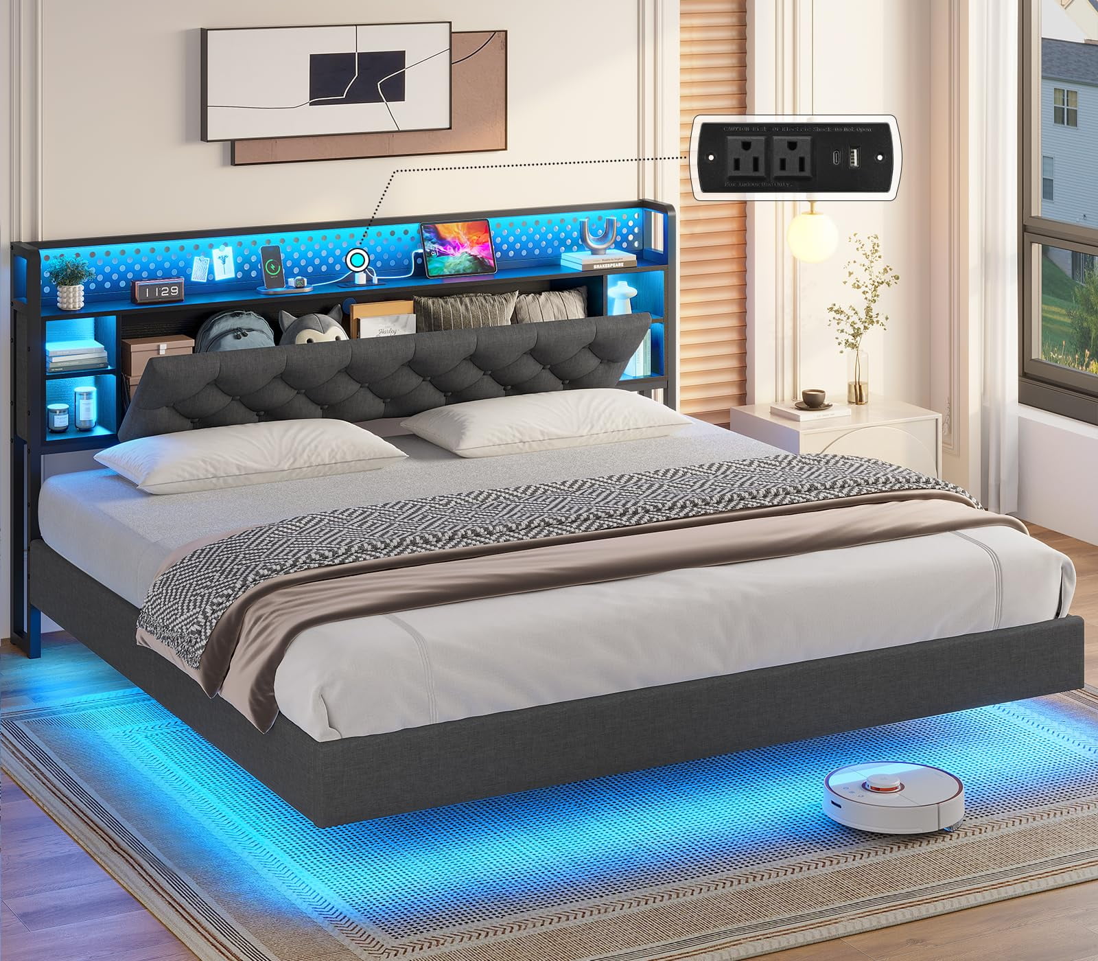 Floating Bed Frame King with Storage Headboard and LED Lights, King ...