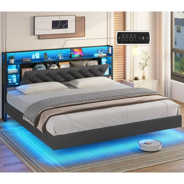 Floating Bed Frame King with Storage Headboard and LED Lights, King ...