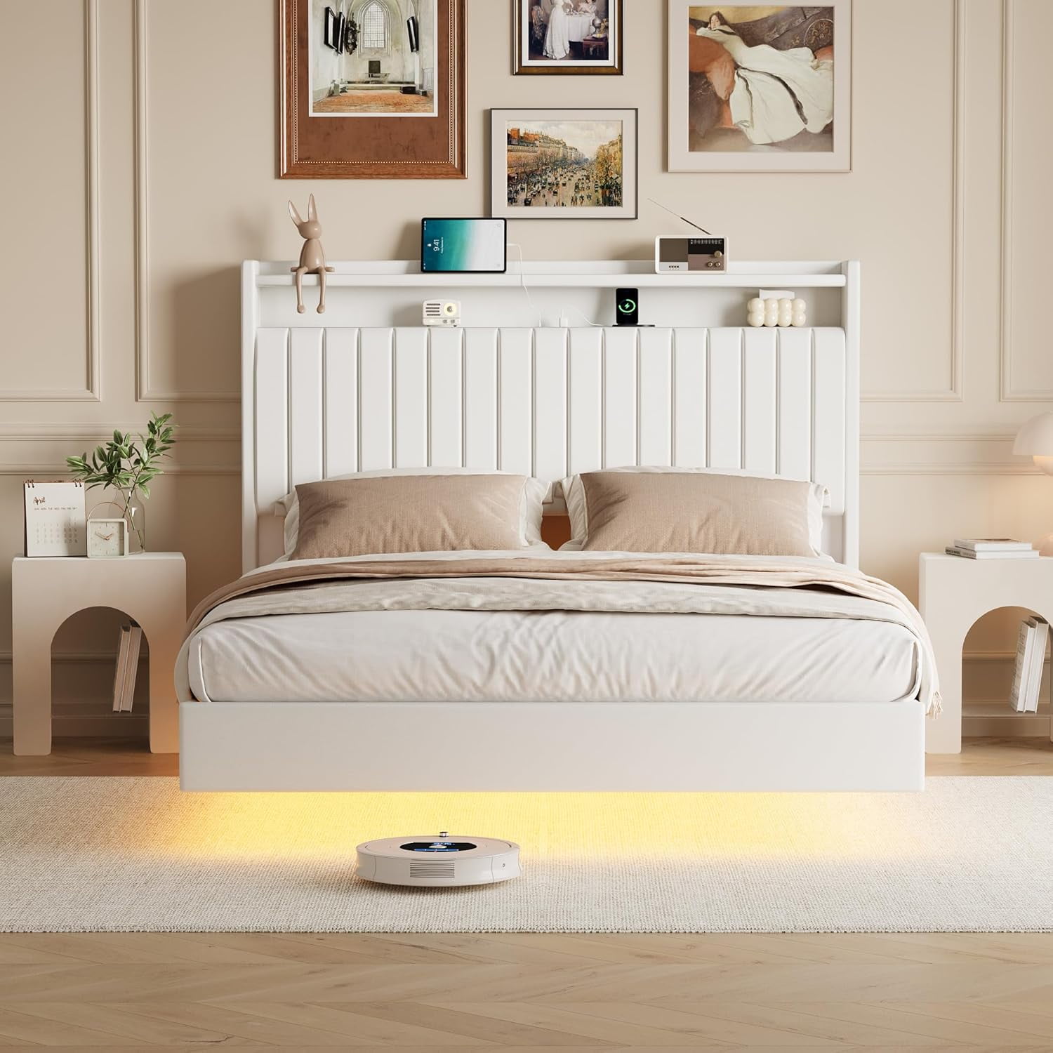 Floating Bed Frame with LED Lights & Charging Station, Upholstered PU ...