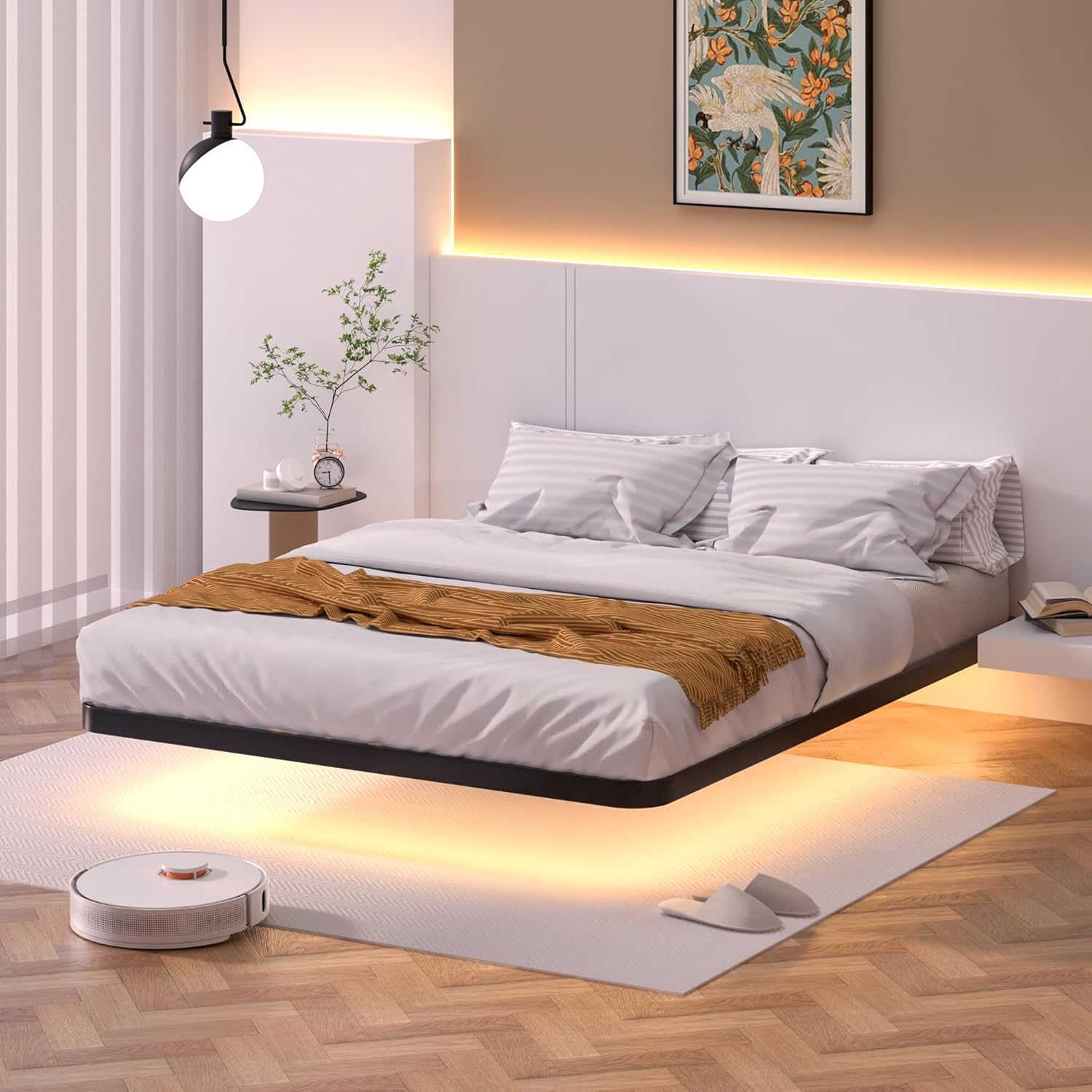 Floating Bed Frame with LED Lights Queen Size Metal Platform Floating ...