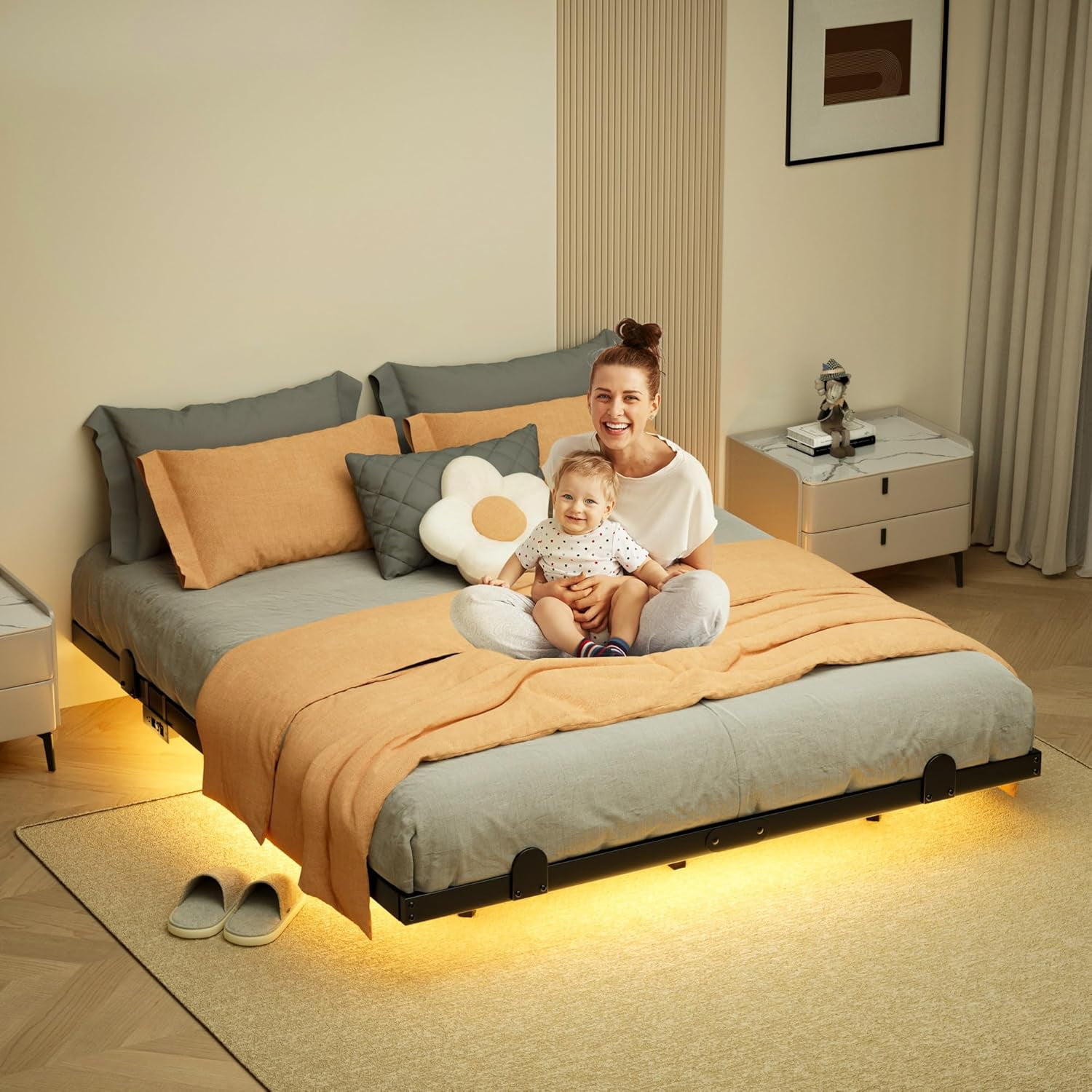 Floating Bed Frame with Lights and Station, 7 Inch Size Beds, Bed Frame ...