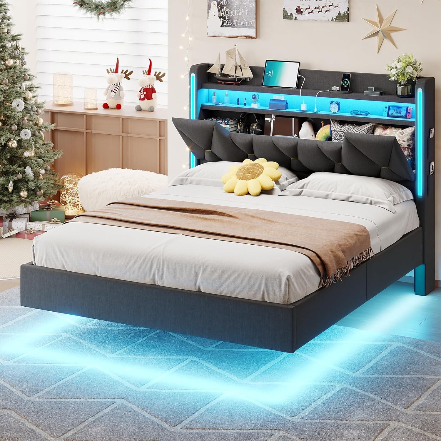 Floating Bed Frame Queen with Hidden Storage Space and Charging Station ...