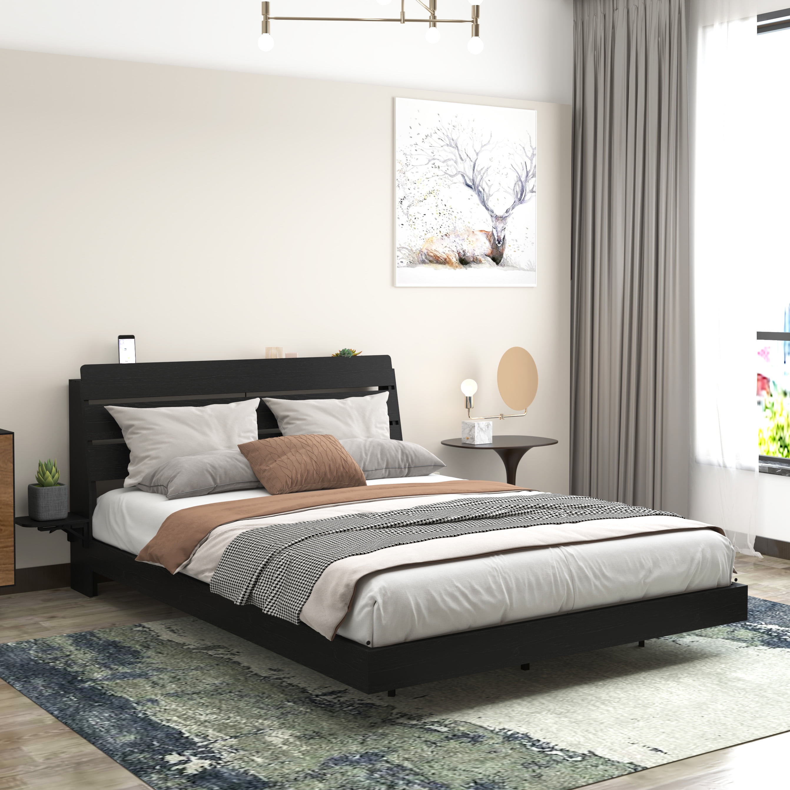 Floating Bed Frame Queen with Led Lights and Charging Station, Wood ...