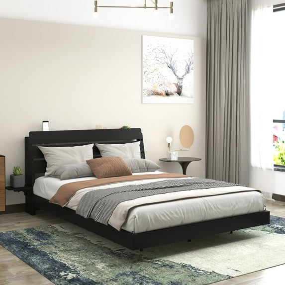 Floating Bed Frame Queen with Led Lights and Charging Station, Wood ...