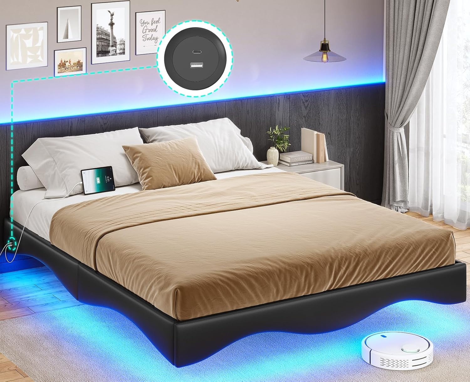 Floating Bed Frame Queen Size with Charging Station,Black Modern Led ...