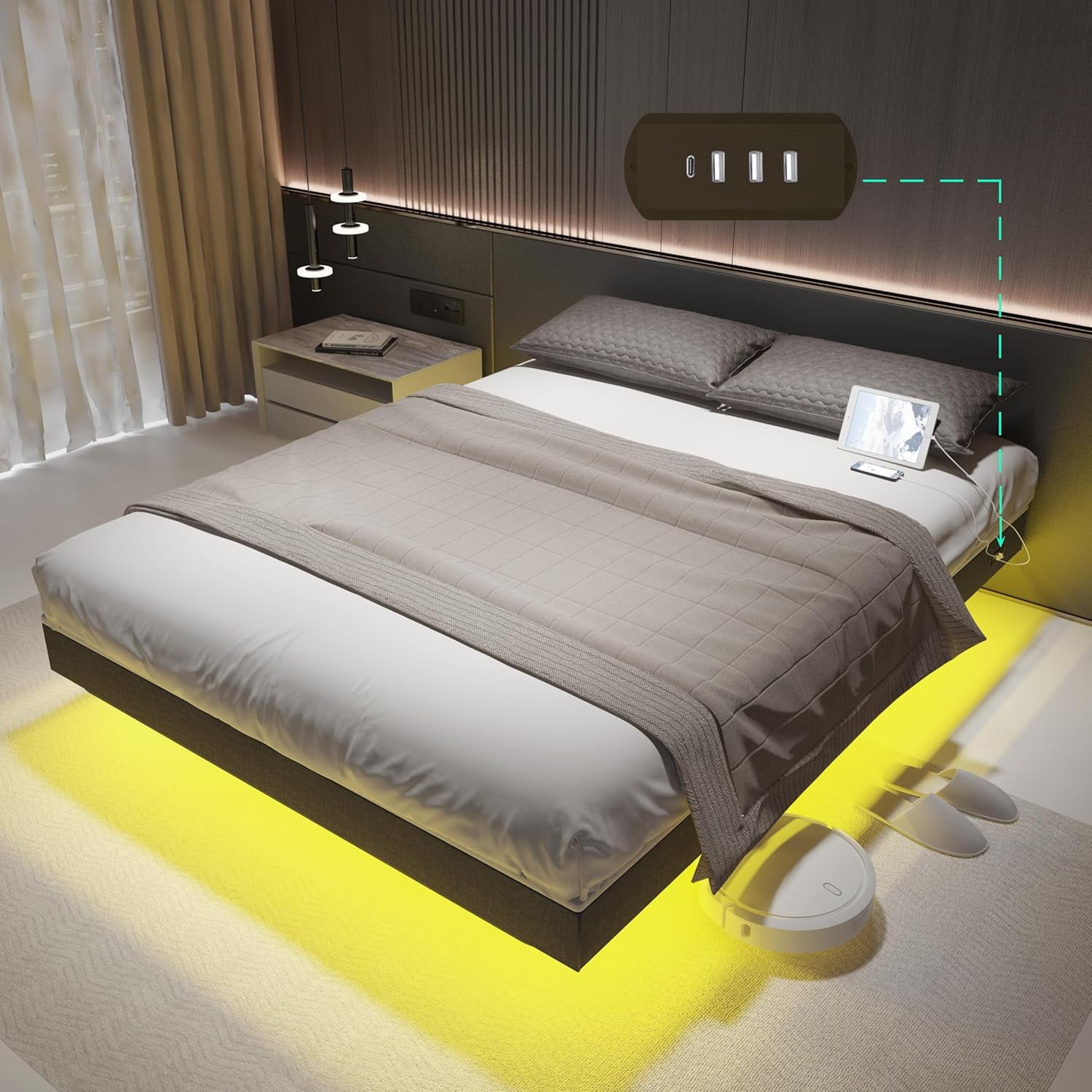 Floating Bed Frame Queen Size with Charging Station & LED Lights ...