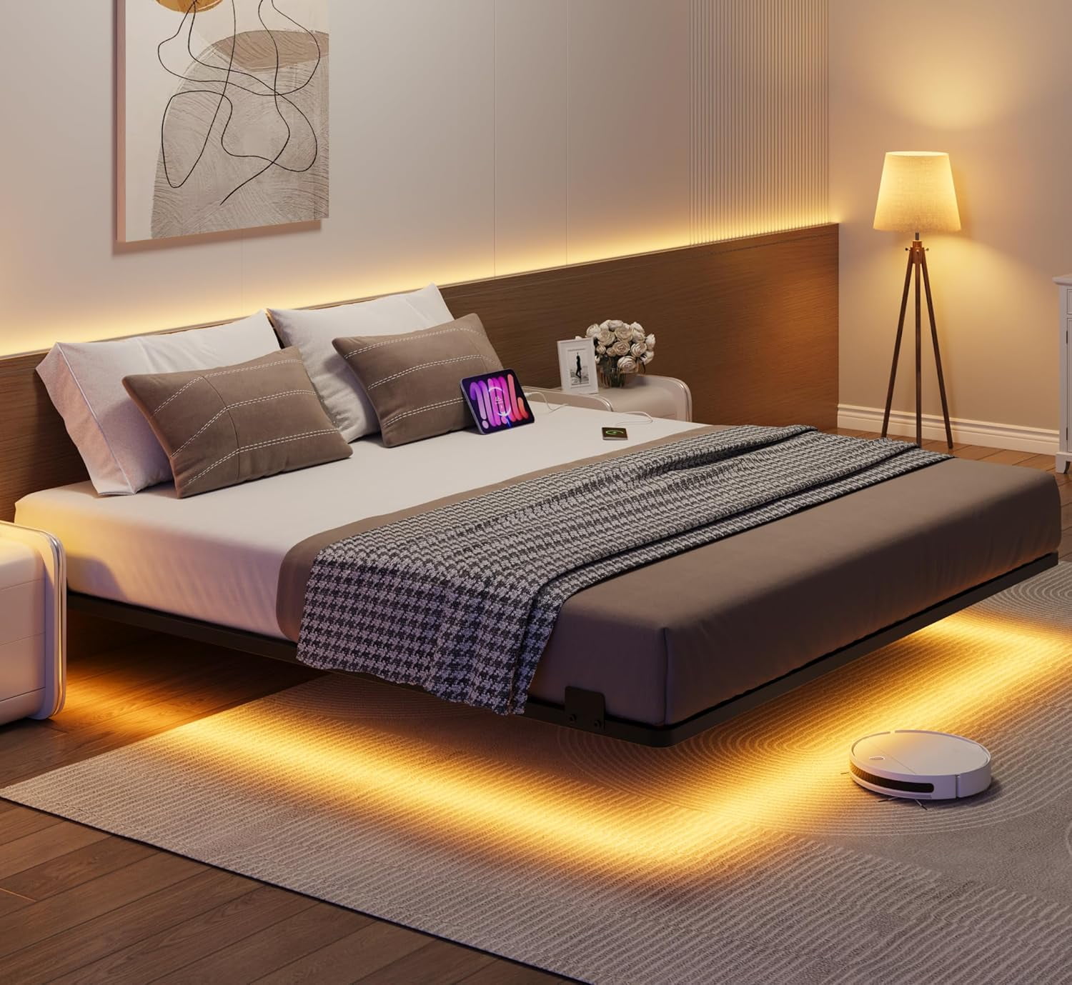 Floating Bed Frame, Queen Size Bed Frame with Led Lights, Charging ...