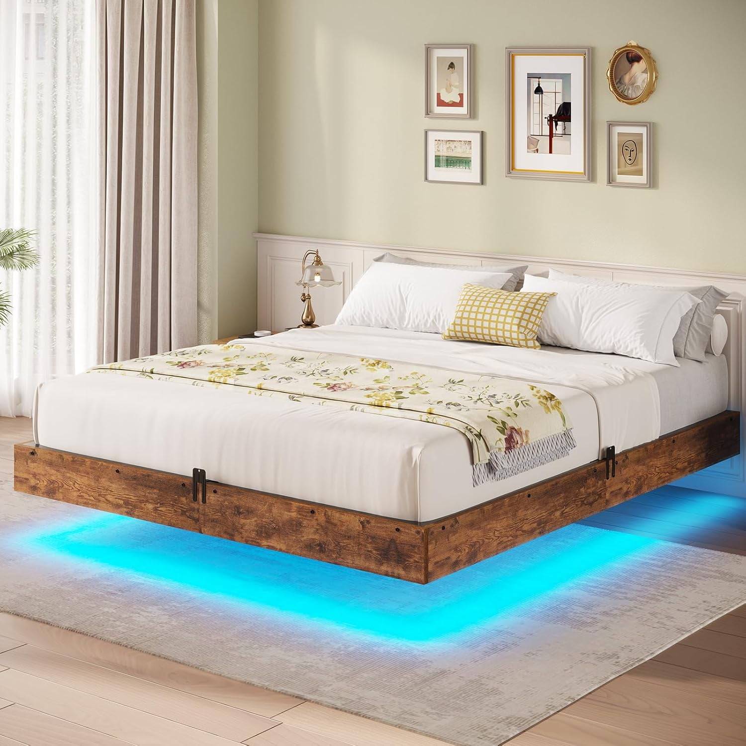 Floating Bed Frame Queen Size with LED Lights, Industrial Wooden Metal ...