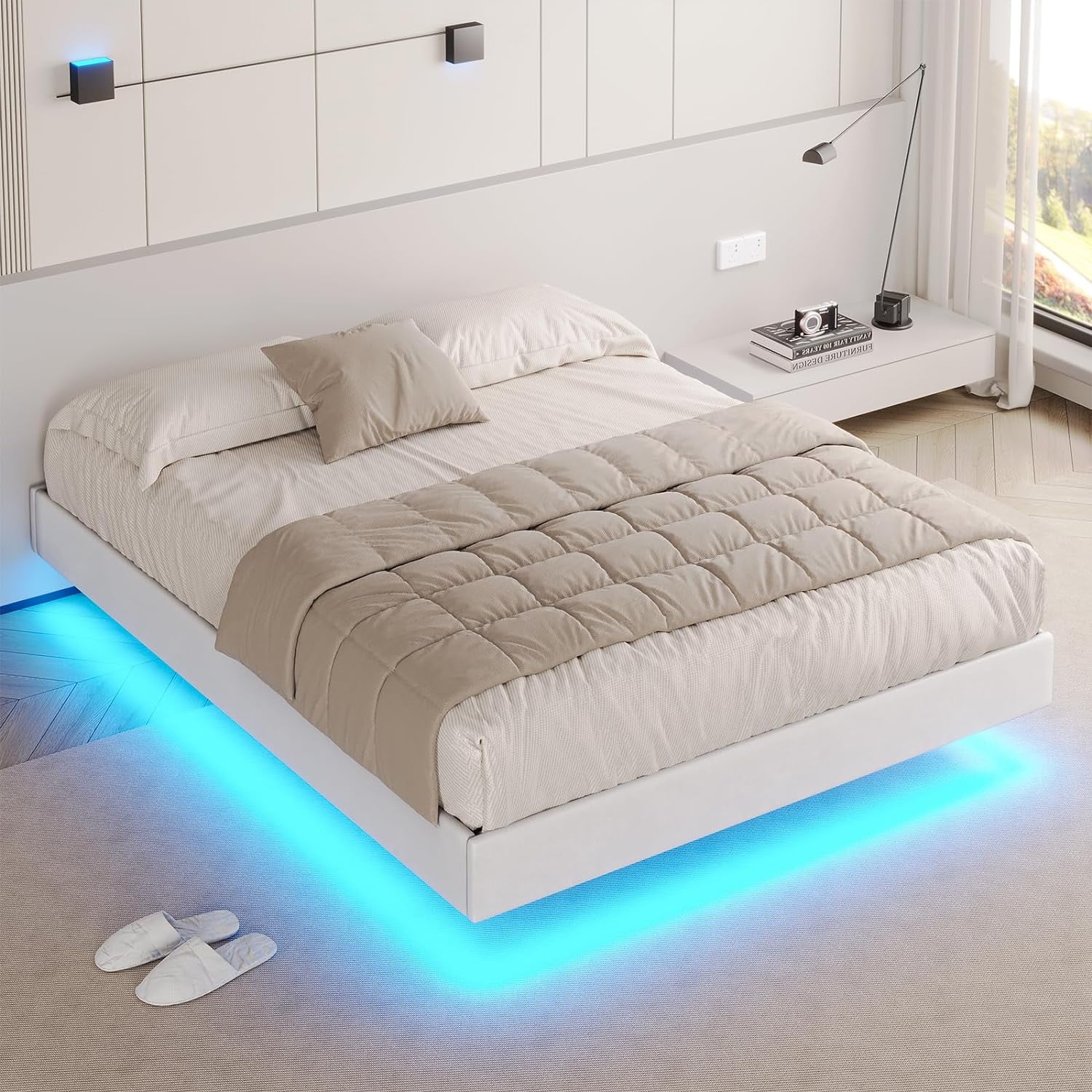 Floating Bed Frame Queen Size with LED Lights, Upholstered Low Profile ...