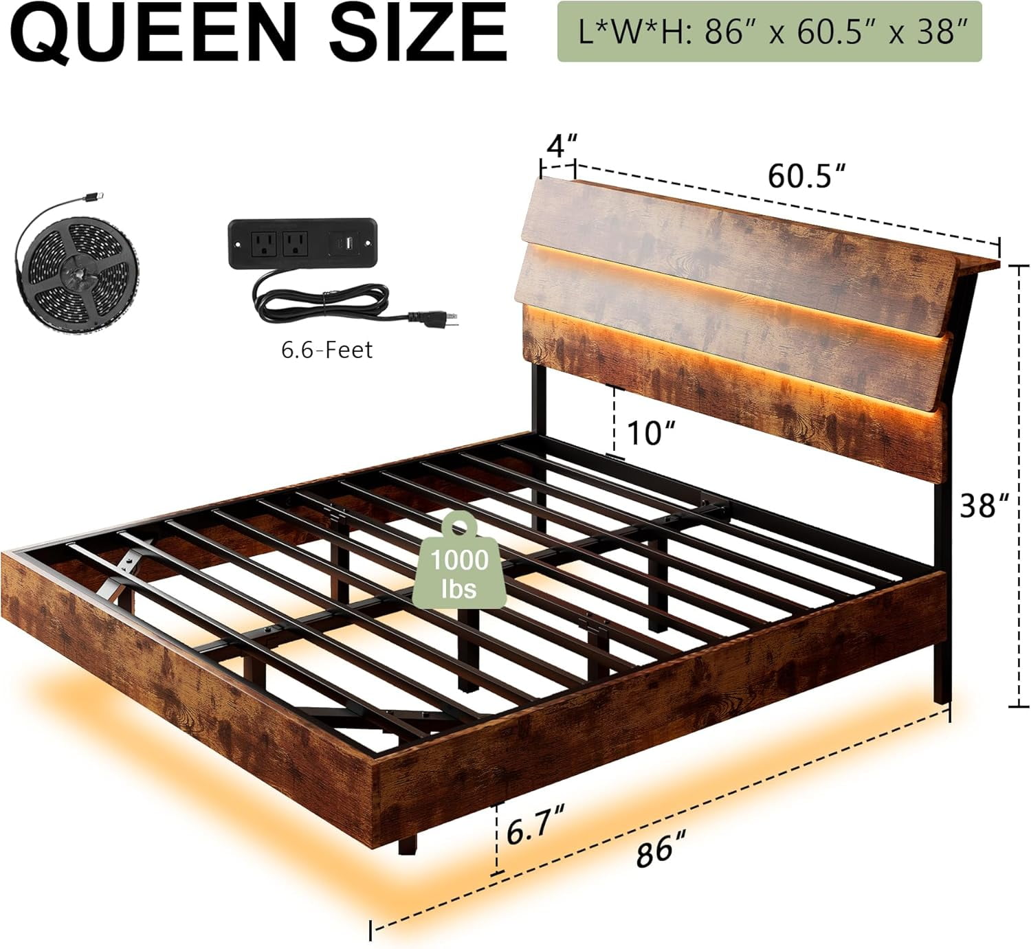 Floating Bed Frame Queen Size with Led Lights and Charging Station ...