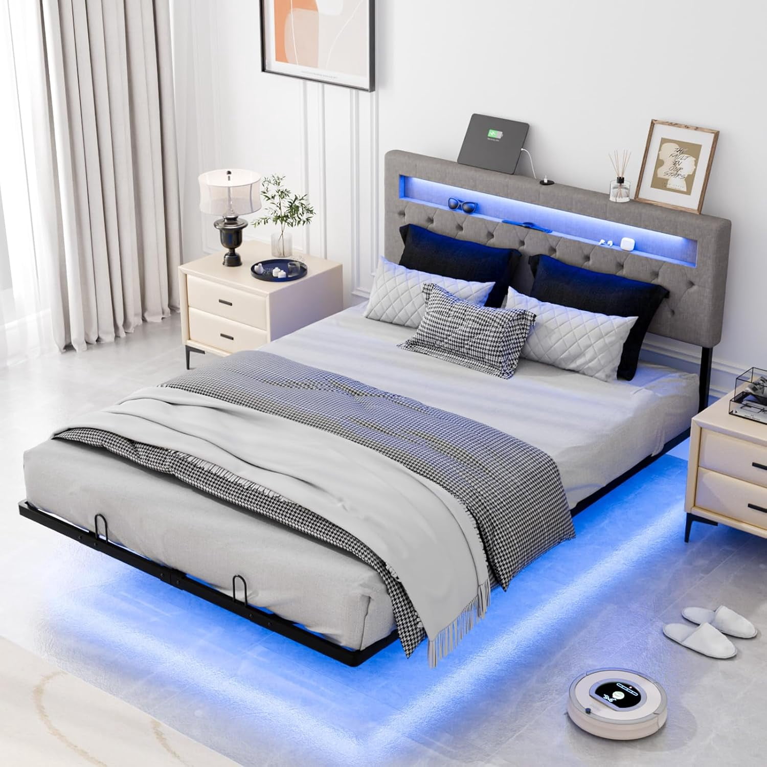 Floating Bed Frame Queen with Upholstered Headboard/Charging Station ...