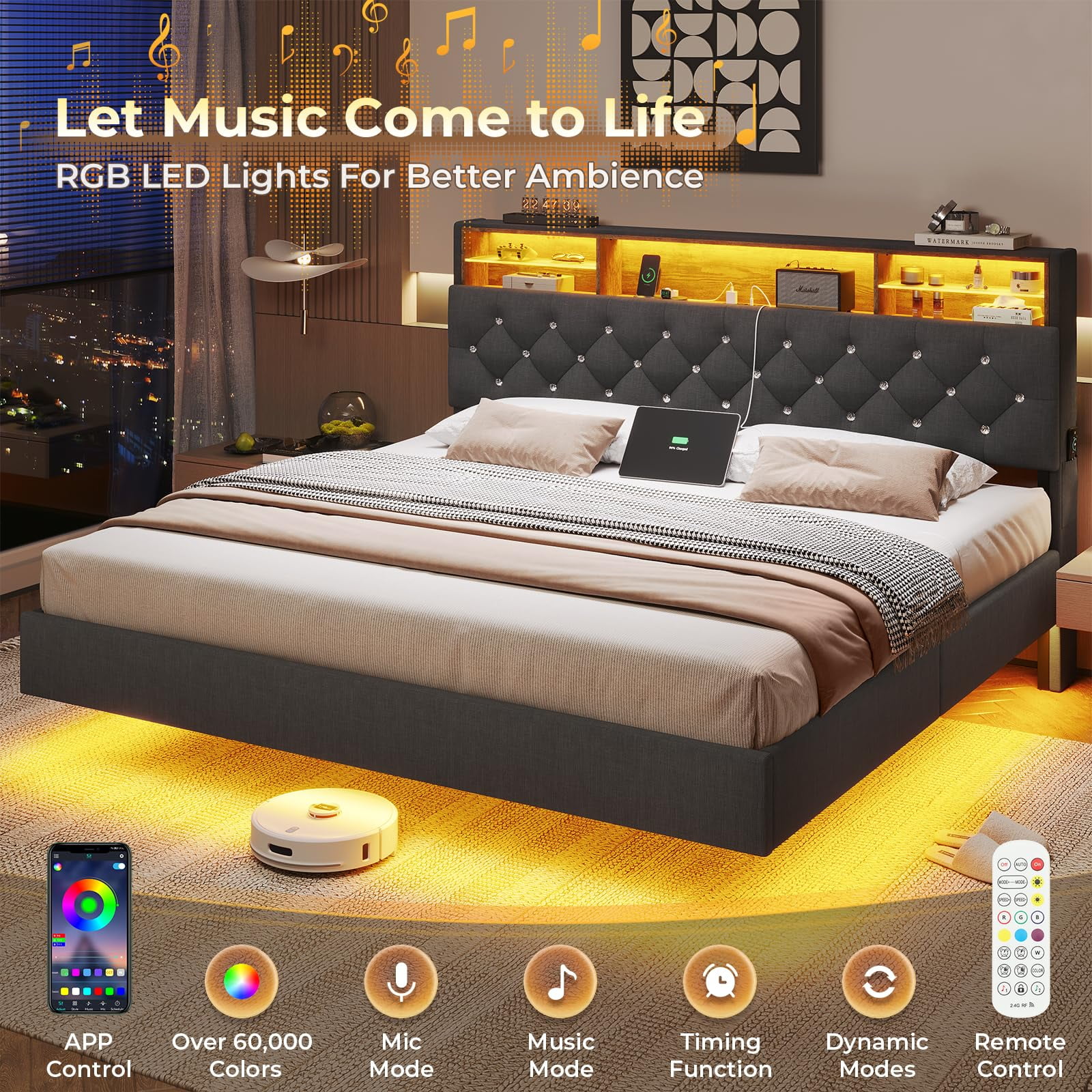 Floating Bed Frame Queen with Headboard and RGB LED Lights, Linen ...