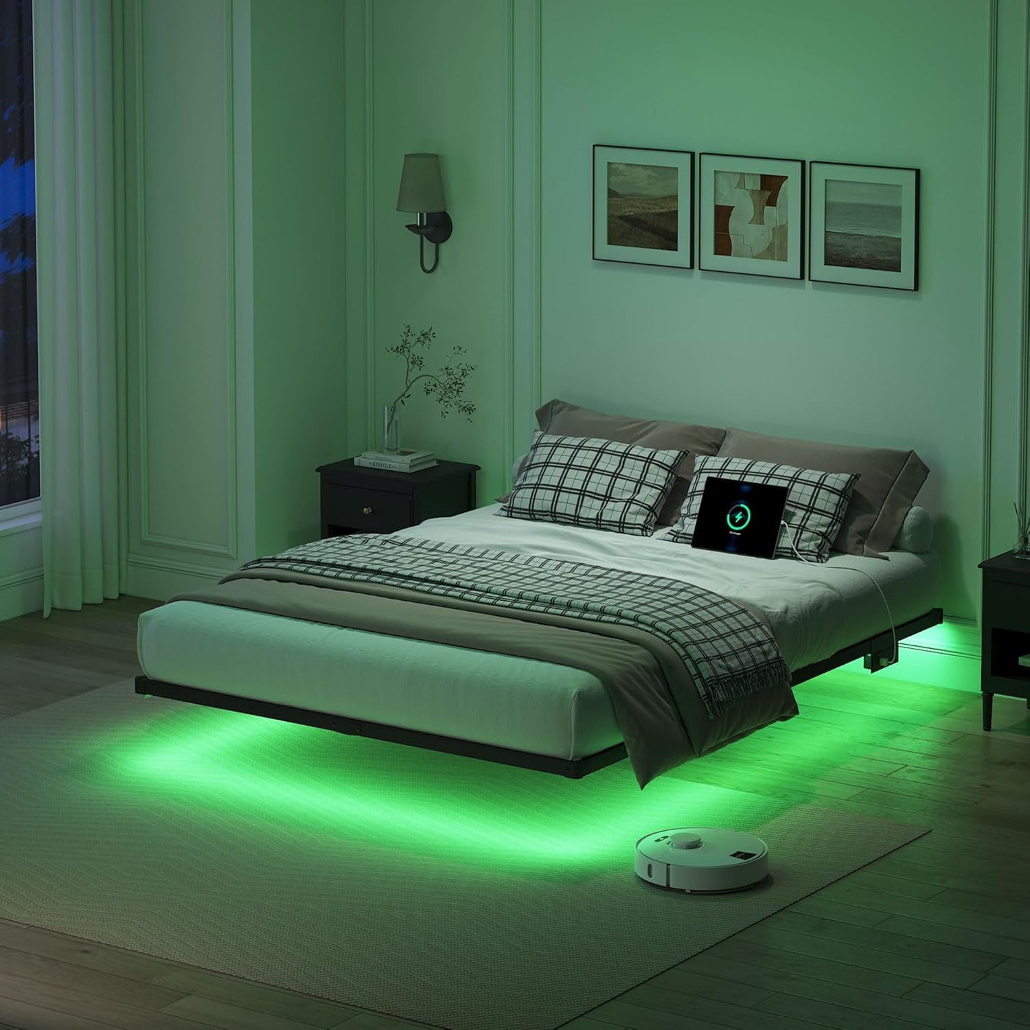 Floating Bed Frame Size, Bedframe with Lights & Station, Modern ...