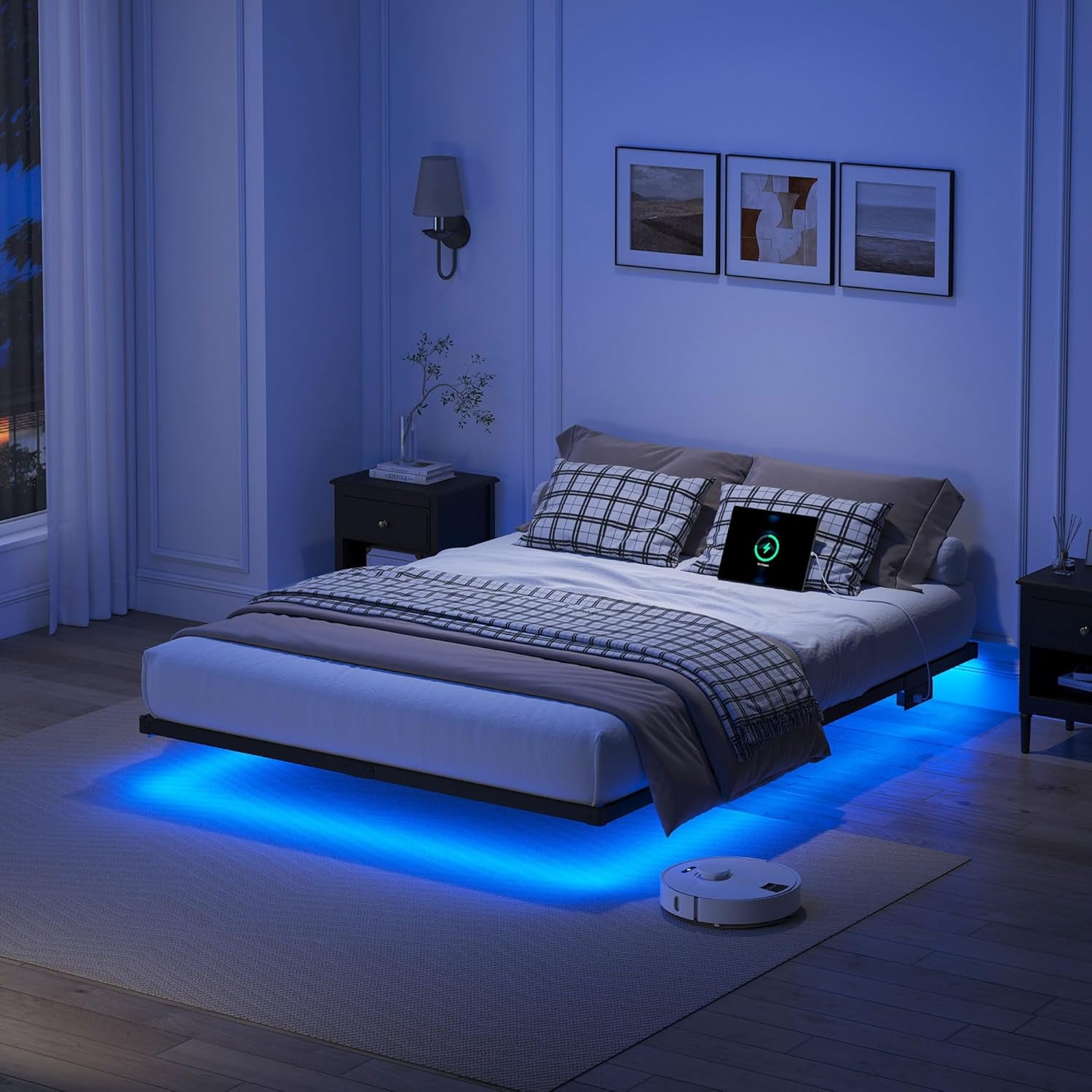 Floating Bed Frame Size, Bedframe with Lights & Station, Modern ...
