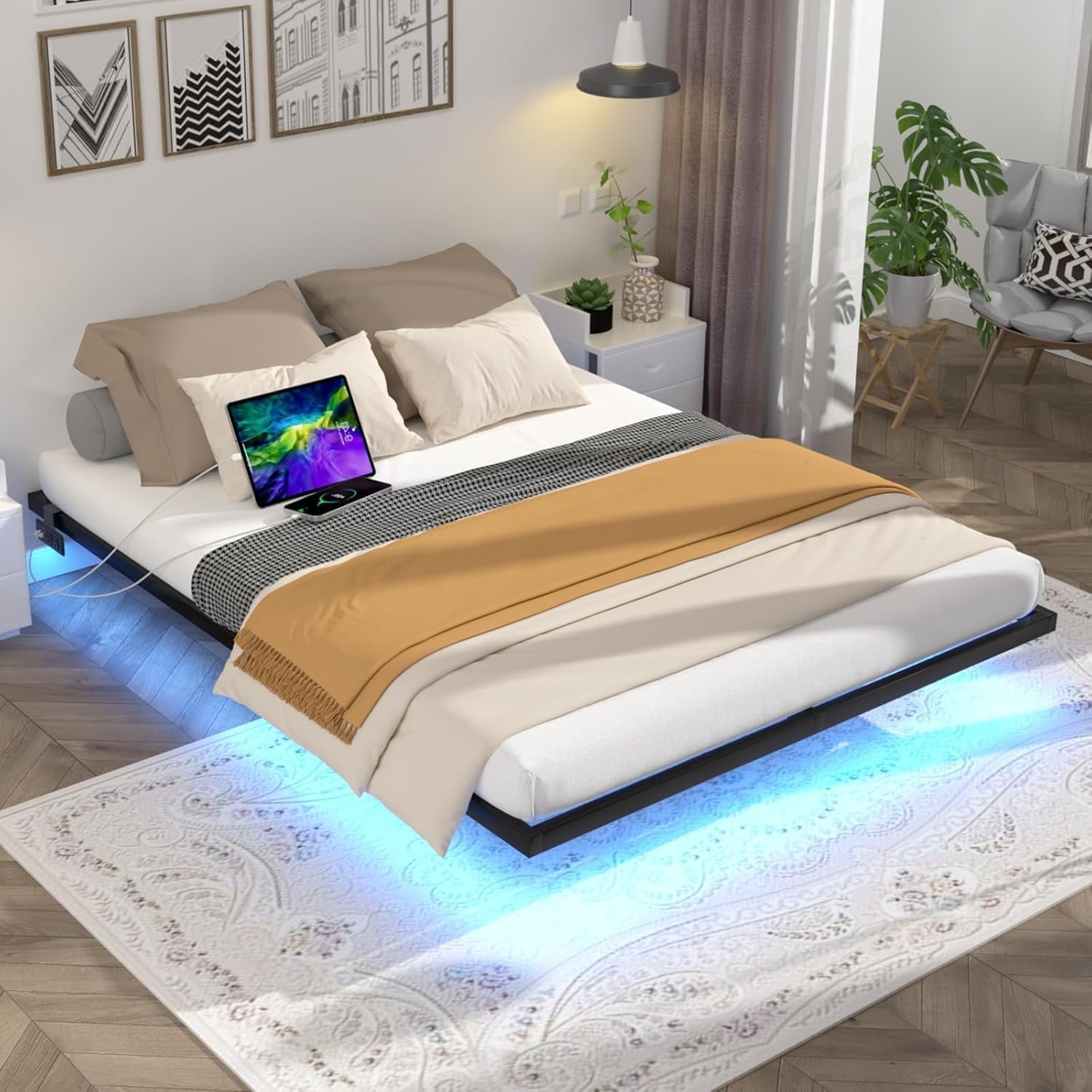 Floating Bed Frame Size with Lights and Station, Platform Bed, Easy ...
